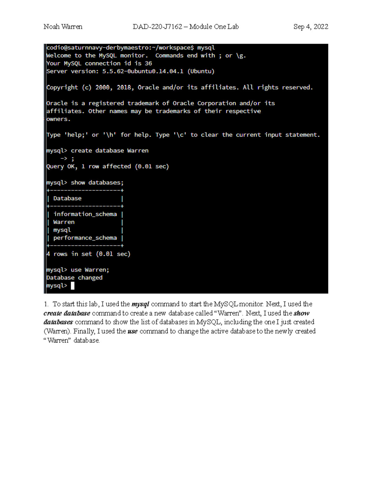 1 4 Lab Practicing Query Language In Codio Noah Warren Dad 220 J7162 Module One Lab Sep 4 9119