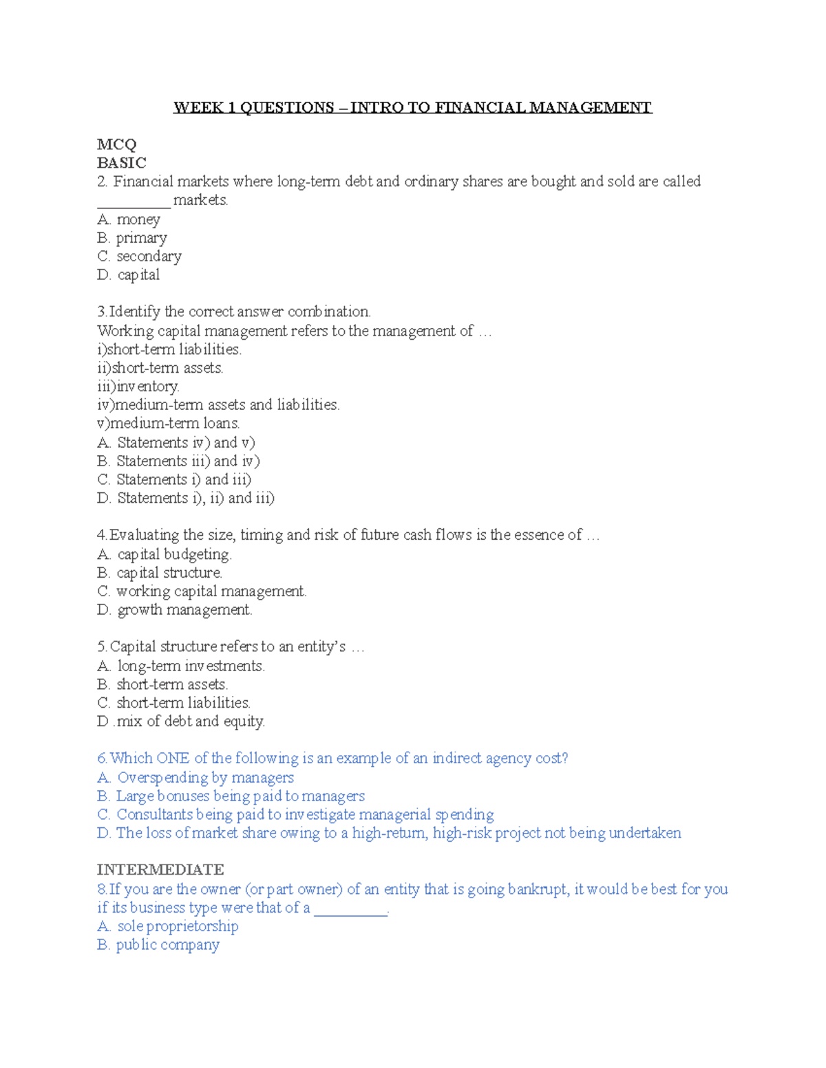Chapter 1 Tutorial 1 Questions - WEEK 1 QUESTIONS – INTRO TO FINANCIAL ...