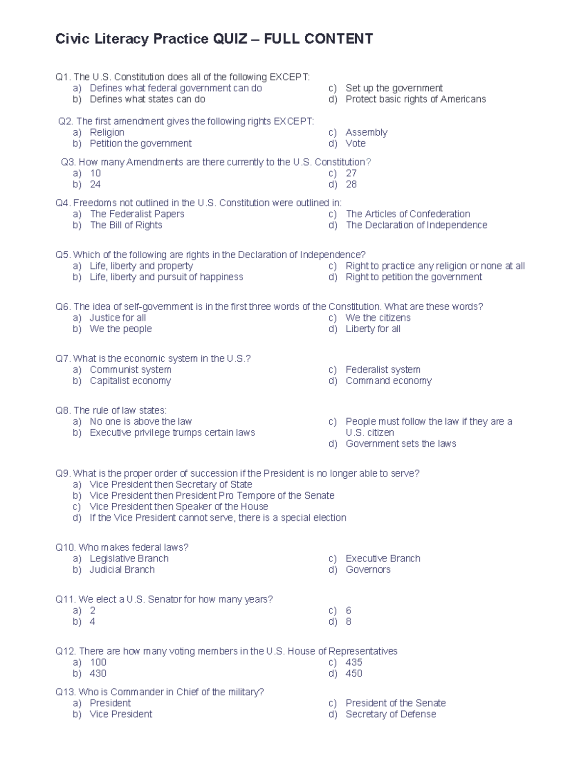 Civic Literacy Quiz FULL content 1 - Civic Literacy Practice QUIZ ...