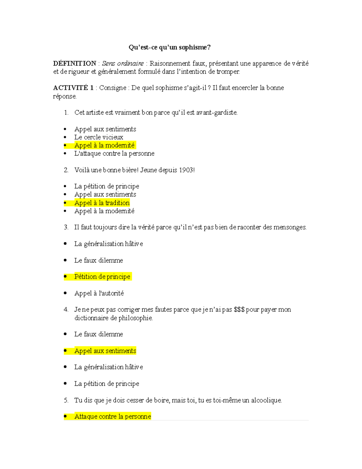 Travail sur les sophismes - Qu’est-ce qu’un sophisme? DÉFINITION : Sens ...