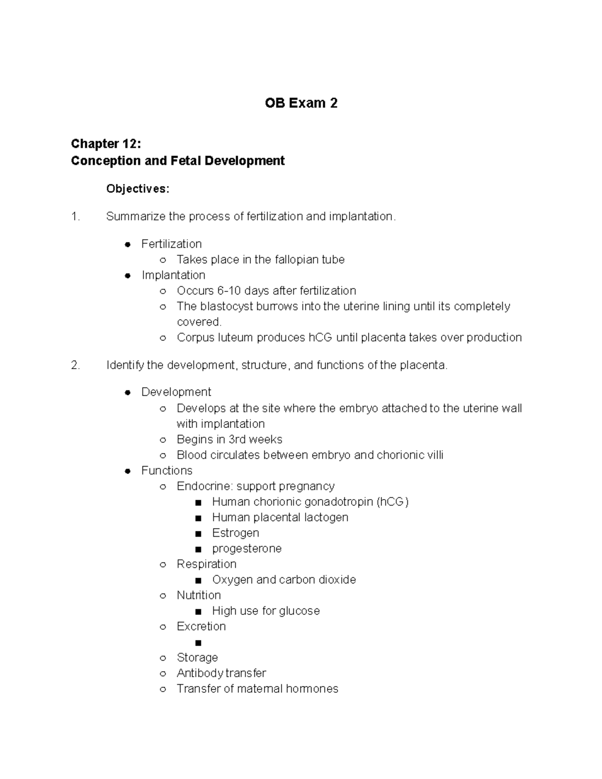 OB Exam 2 - Maternity study guide - OB Exam 2 Chapter 12: Conception ...