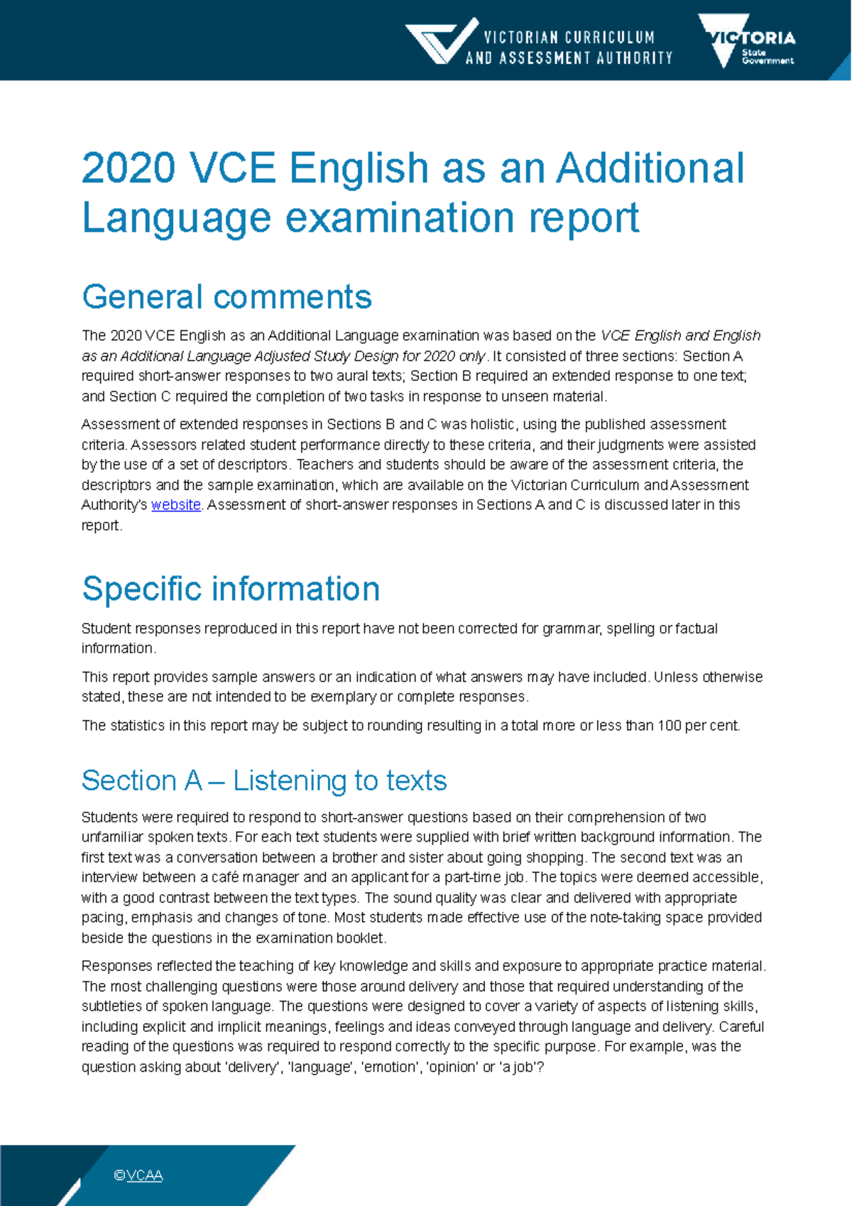 2020EAL-exam-report - exam report english 2020 - 2020 VCE English as an ...