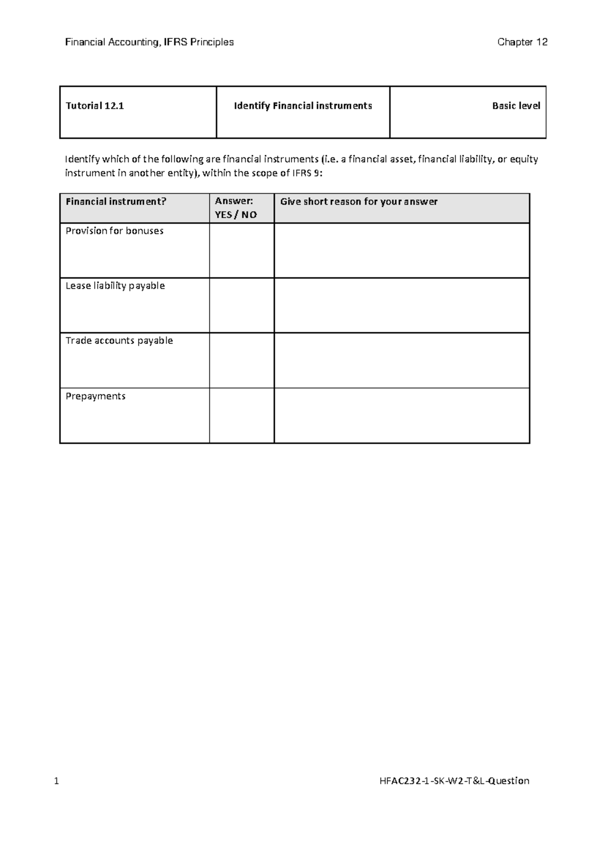 Week 2 - Unit 2 (Chapter 12) Financial Instruments - Tutorial 12 ...