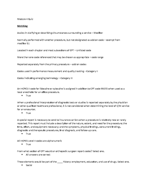 HIM 215 Module 3 Quiz - Module 3 Quiz – HIM 215 Matching Assign the HCPCS II code for the ...