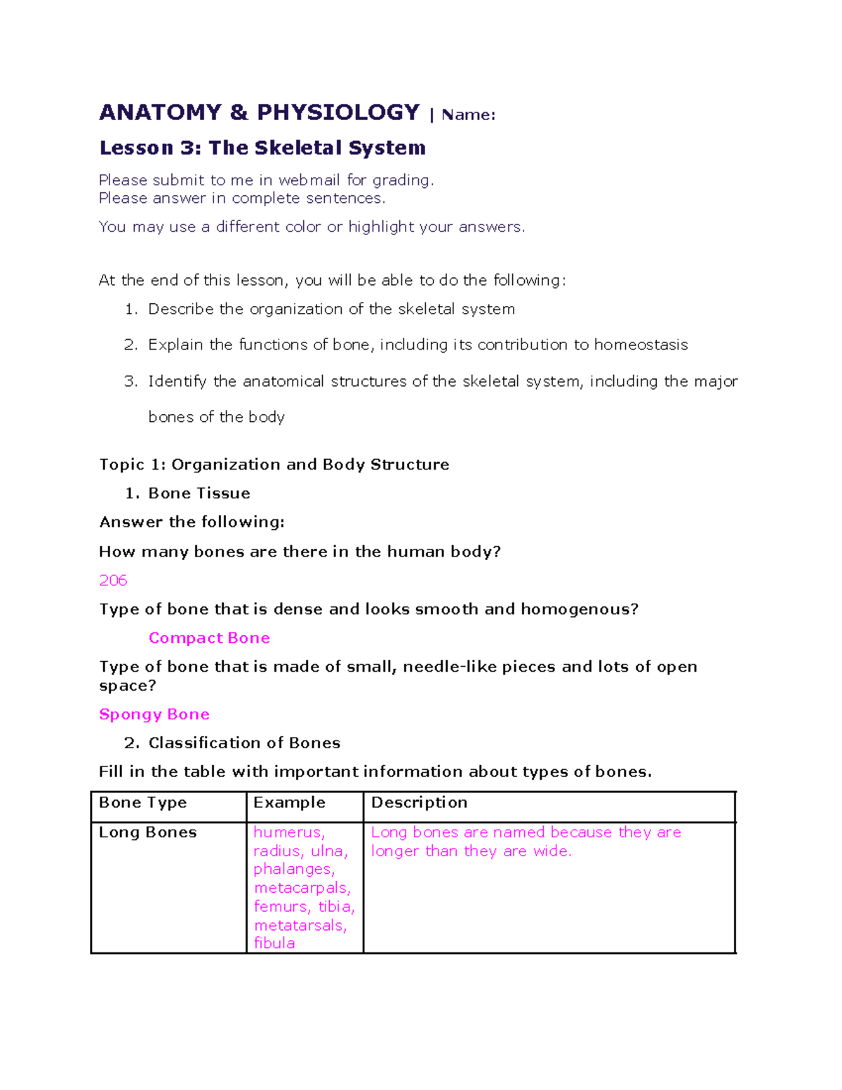 Copy of 3 - The Skeletal System - ANATOMY & PHYSIOLOGY| Name: Lesson 3 ...
