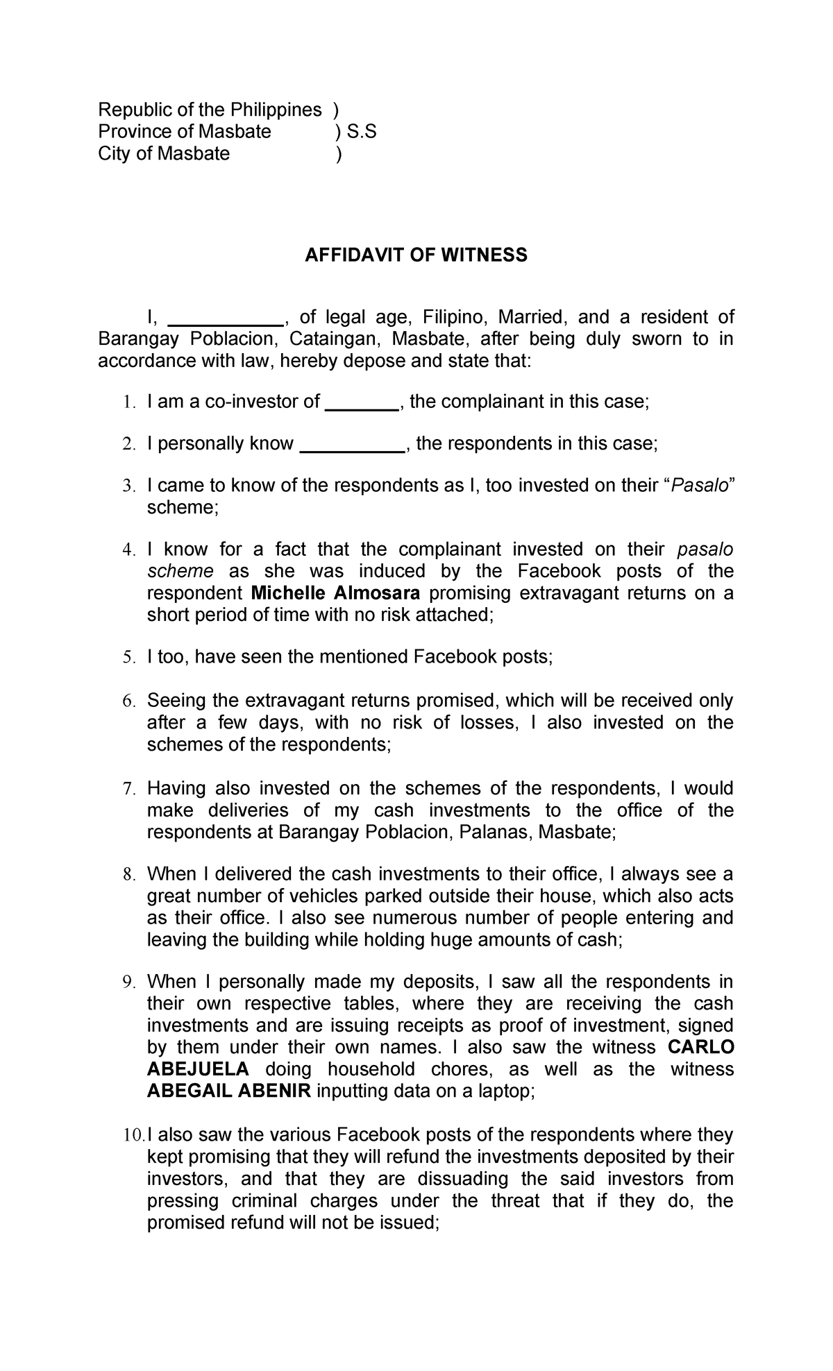 Affidavit-of-witness - Republic of the Philippines ) Province of ...