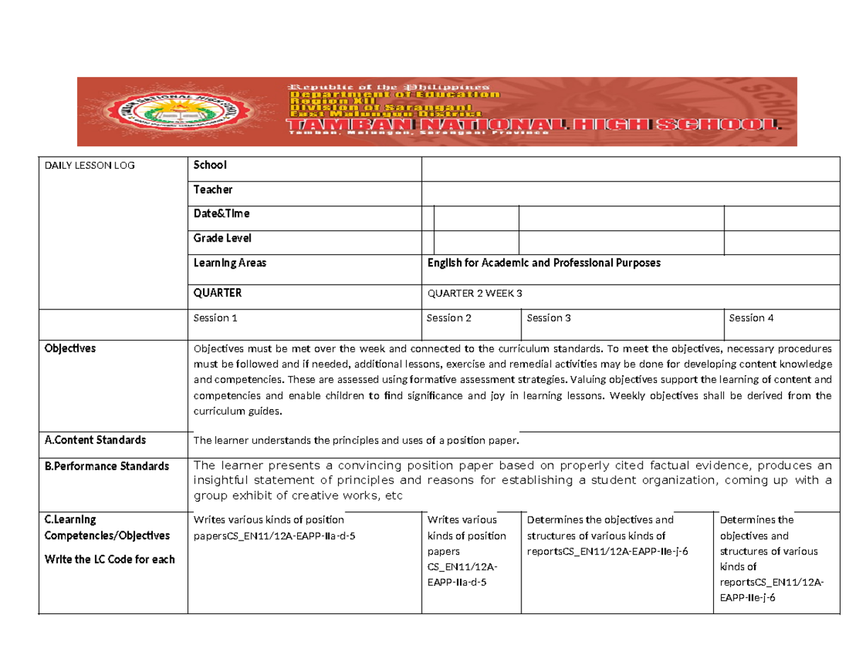 Daily Lesson LOG eapp - N/A - DAILY LESSON LOG School Teacher Date&Time ...