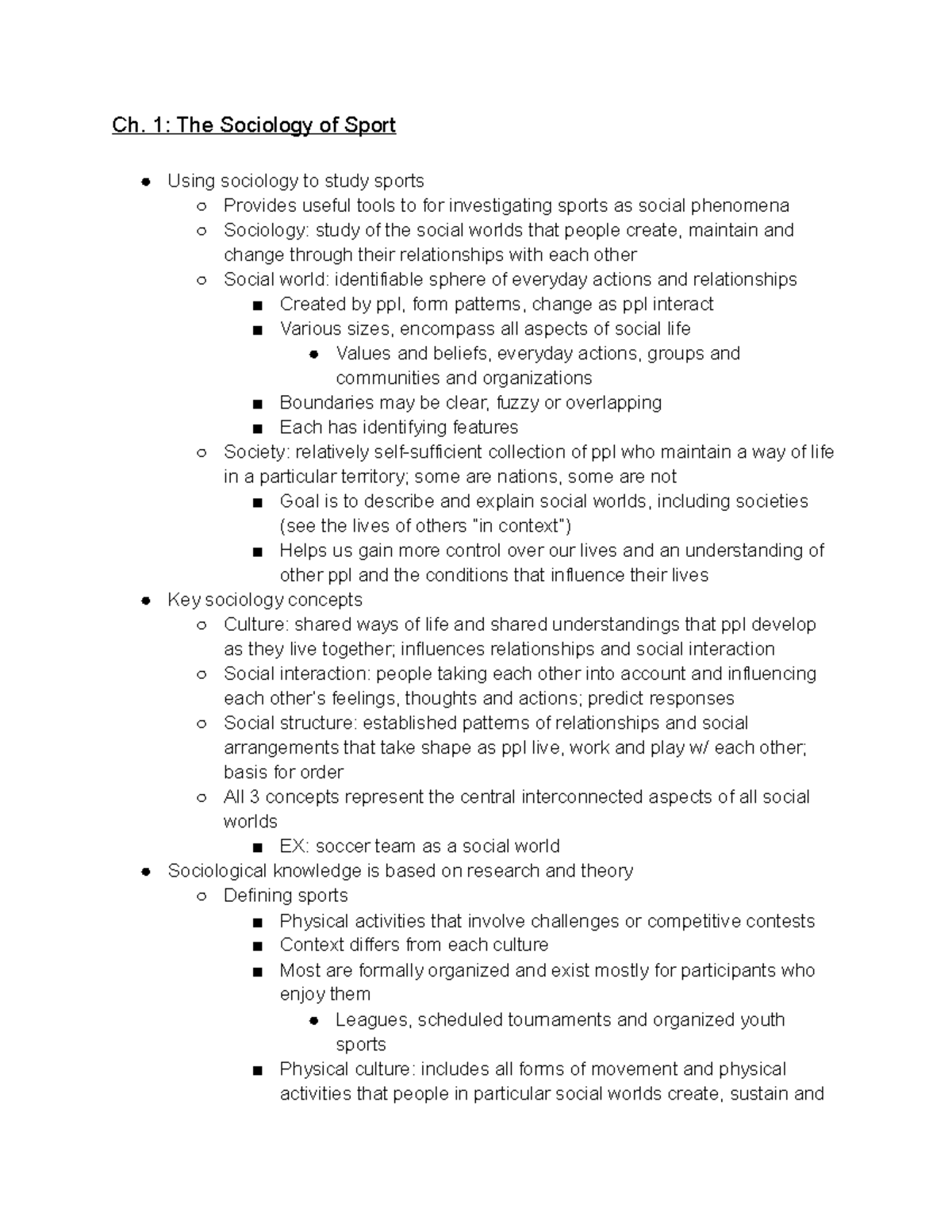 Ch. 1 Notes - Matt Knudston - Ch. 1: The Sociology of Sport Using ...