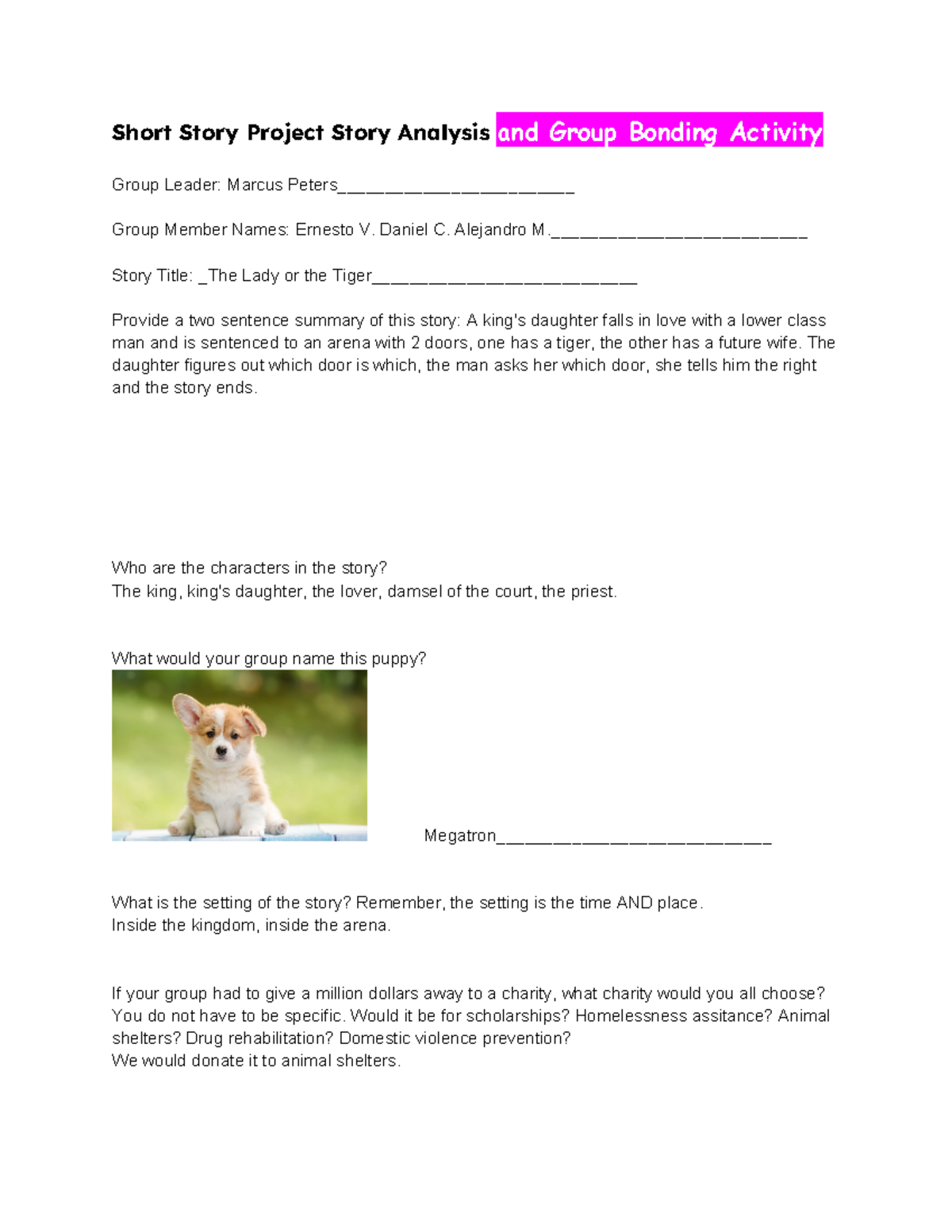 Short Story Project Story Analysis and Group Bonding Activity - Daniel ...