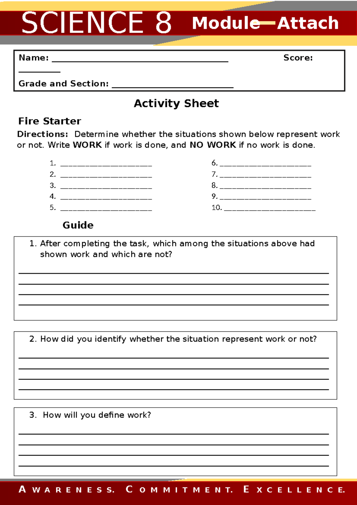 Answer Sheet-Science 8 - ment Module 3 SCIENCE 8 Name
