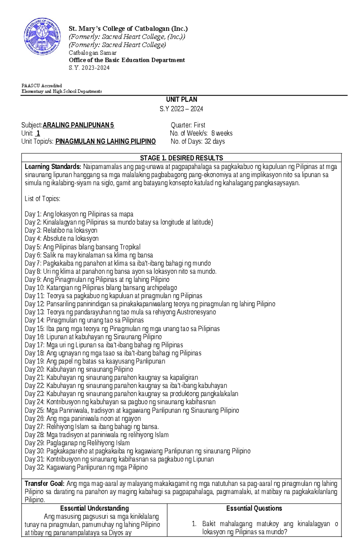 UNIT PLAN Grade 5 - UNIT PLAN IN ARALING PANLIPUNAN 5 - St. Mary’s College of Catbalogan (Inc ...