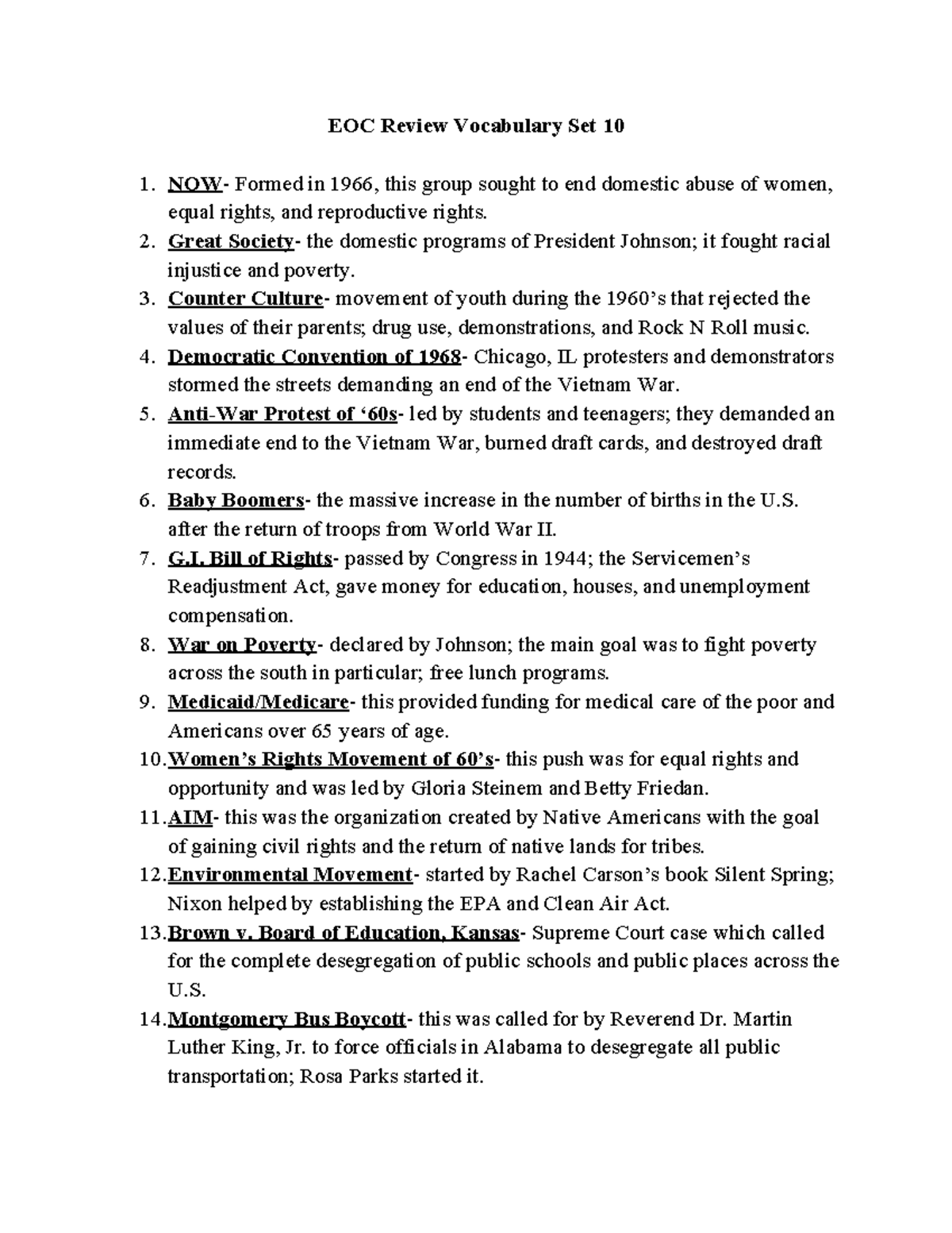 EOC Review Vocabulary Set 10 - Great Society- the domestic programs of ...