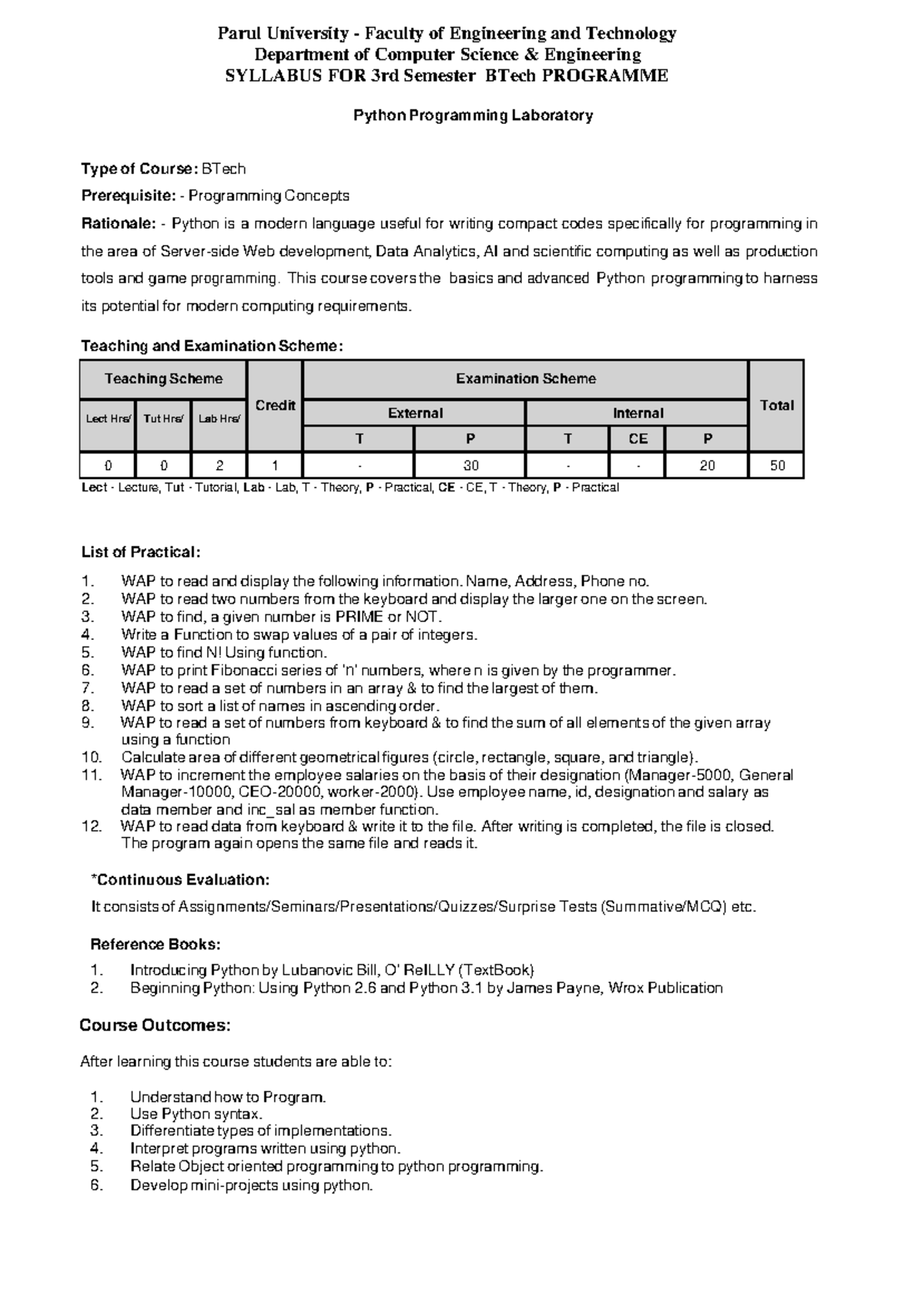 Python Programming Lab Parul University Faculty Of Engineering And