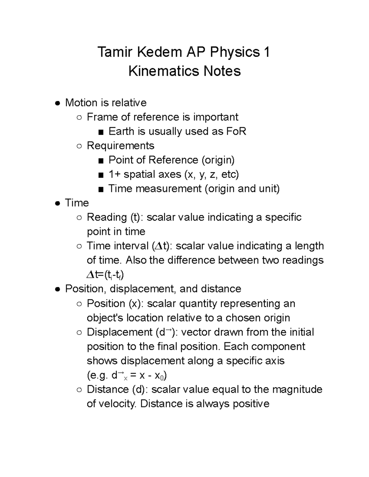 AP Physics 1 CH1 notes - Tamir Kedem AP Physics 1 Kinematics Notes ...
