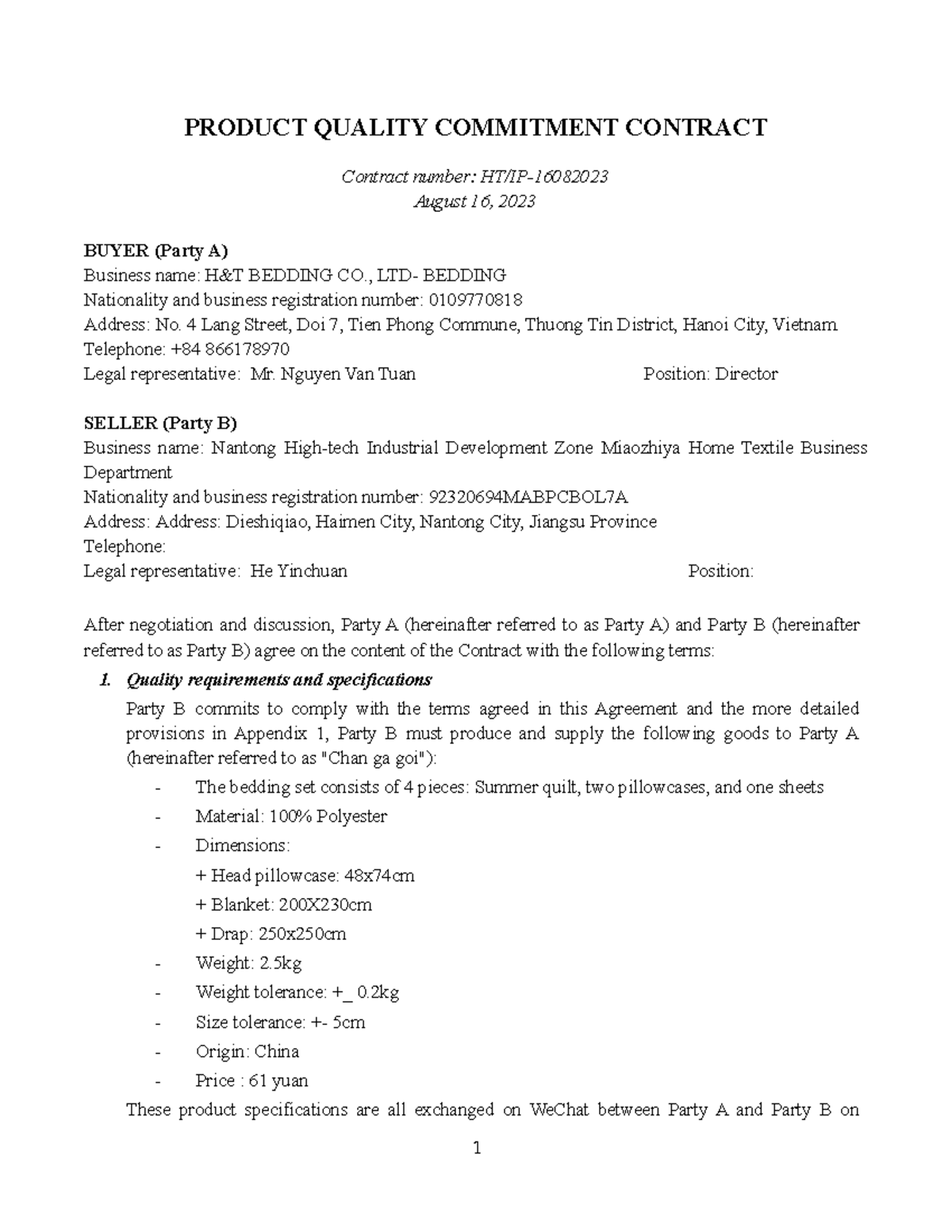 Product Quality Commitment Contract - PRODUCT QUALITY COMMITMENT ...