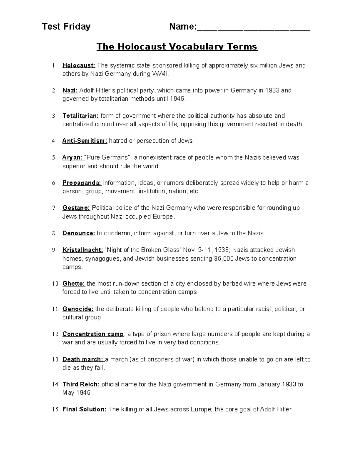 Cloey Odom - Day 1 Holocaust Vocabulary - Test Friday Name ...