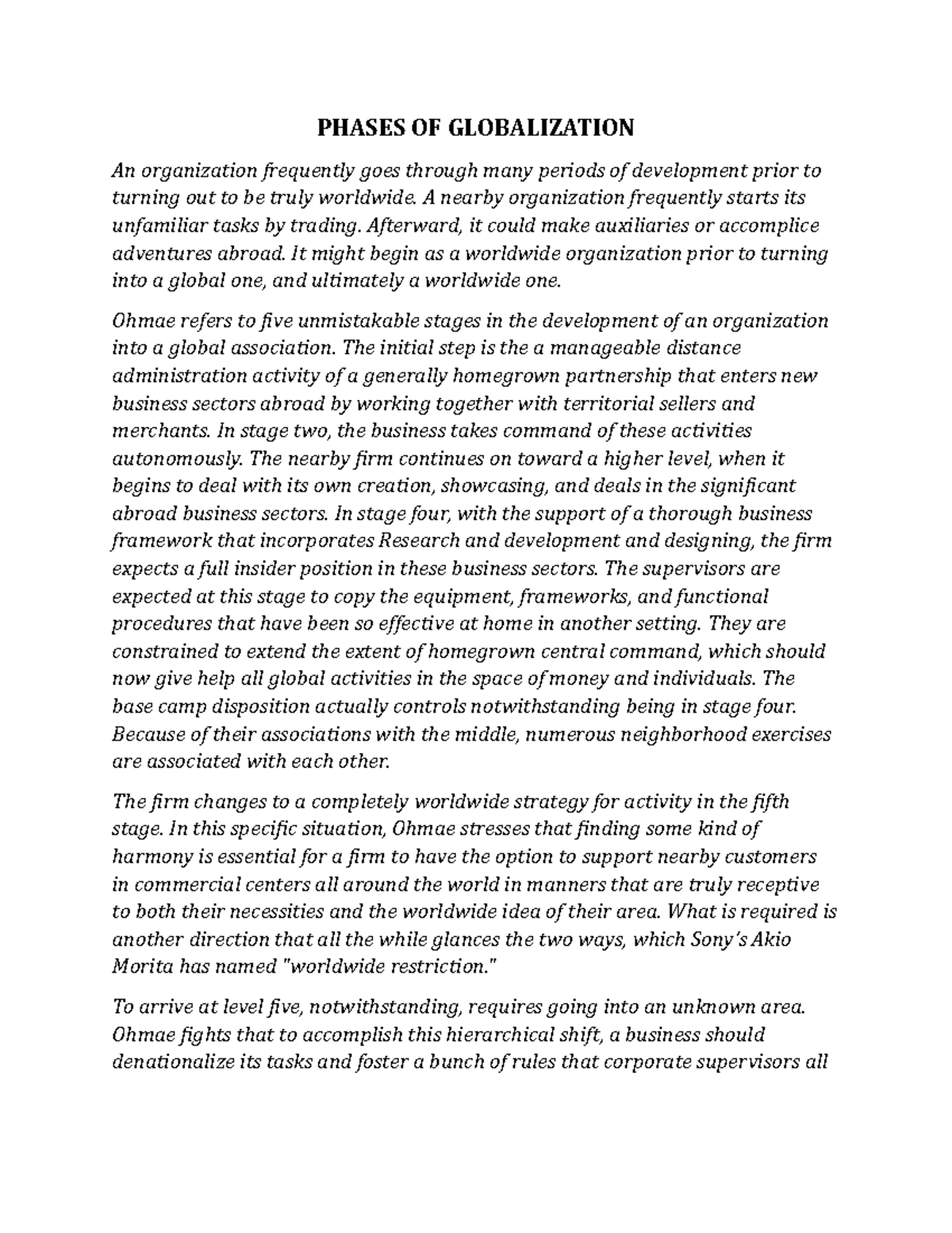 Phases OF Globalization - PHASES OF GLOBALIZATION An organization frequently goes through many ...