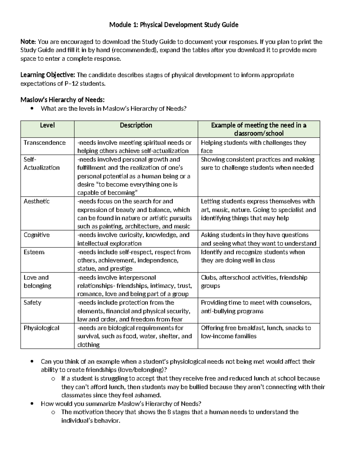 D094 D307 M1 Study Guide 1 - Module 1: Physical Development Study Guide ...