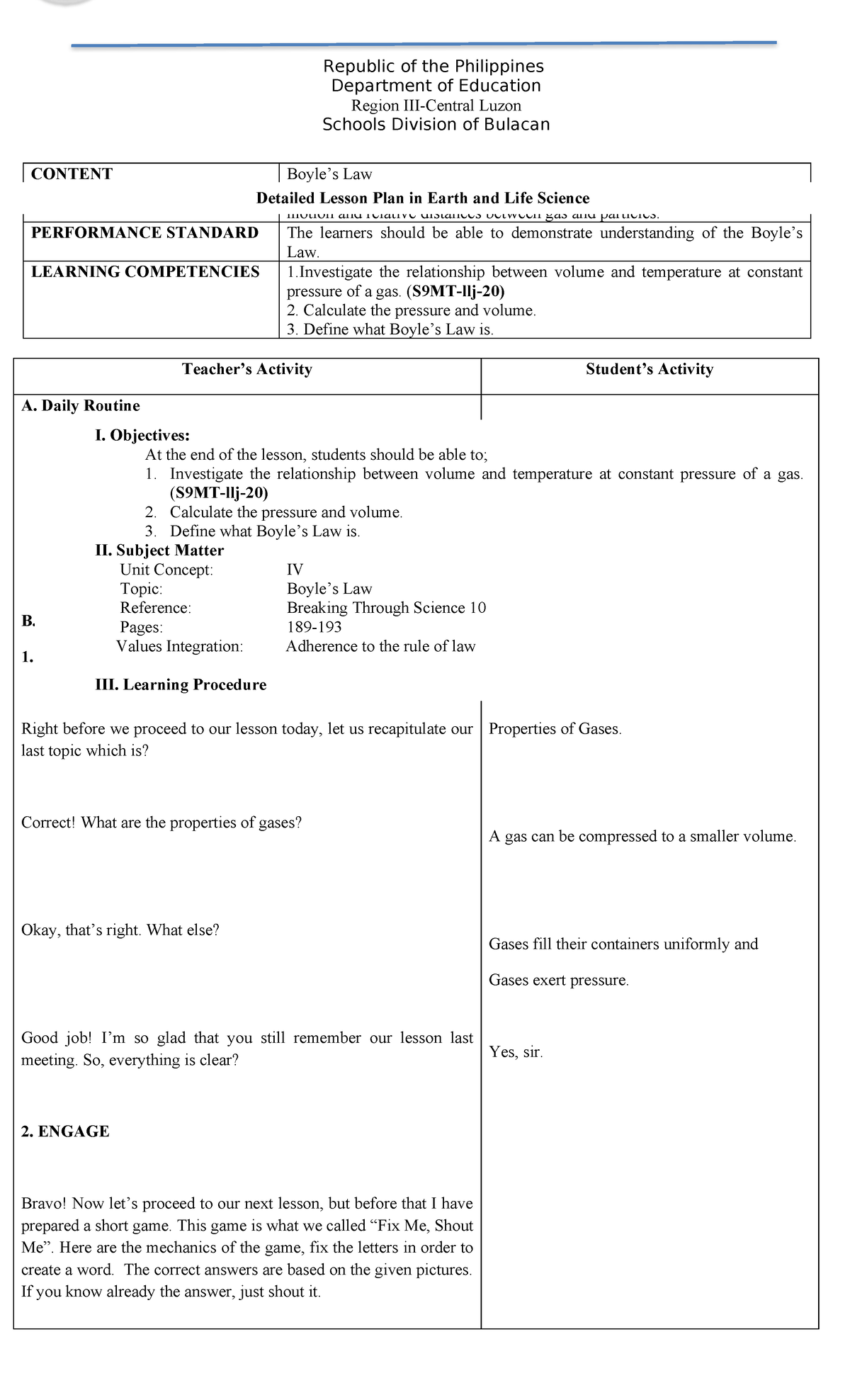 JHS Lesson-PLAN- Boyles-LAW - CONTENT Boyle’s Law CONTENT STANDARD The ...