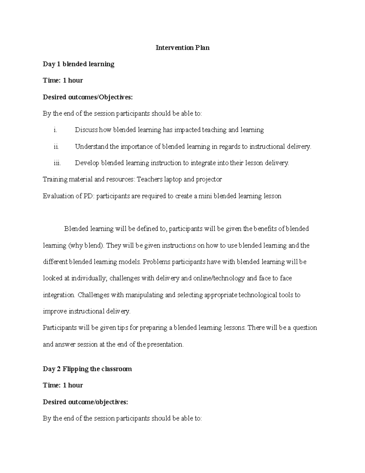 Intervention Plan - Intervention Plan Day 1 blended learning Time: 1 ...