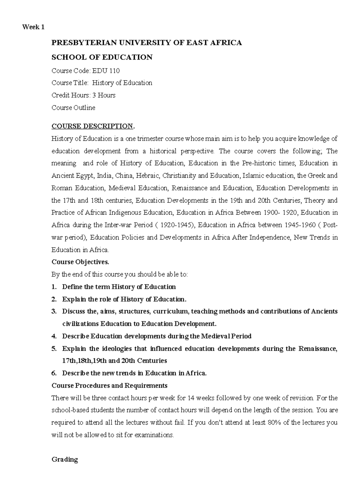 EDU 110 History of education-1 - PRESBYTERIAN UNIVERSITY OF EAST AFRICA ...