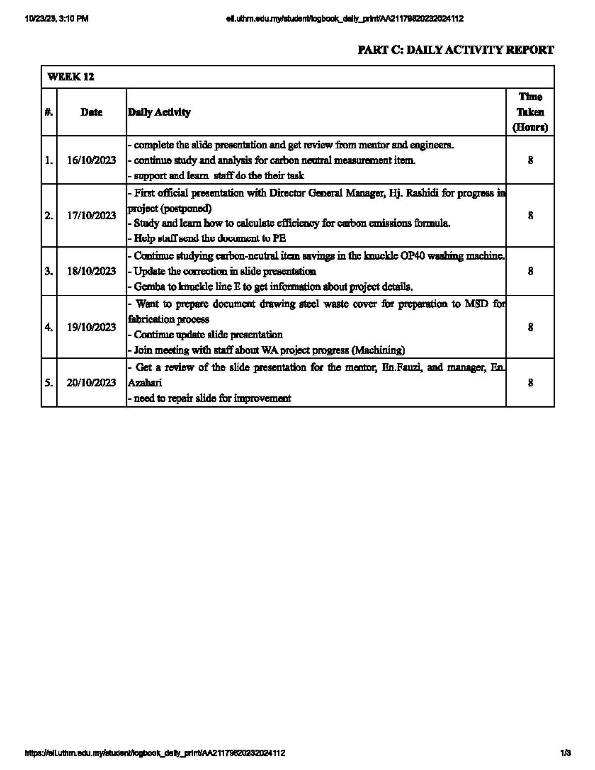 Logbook week12 - report weekly - Mechanic - Studocu