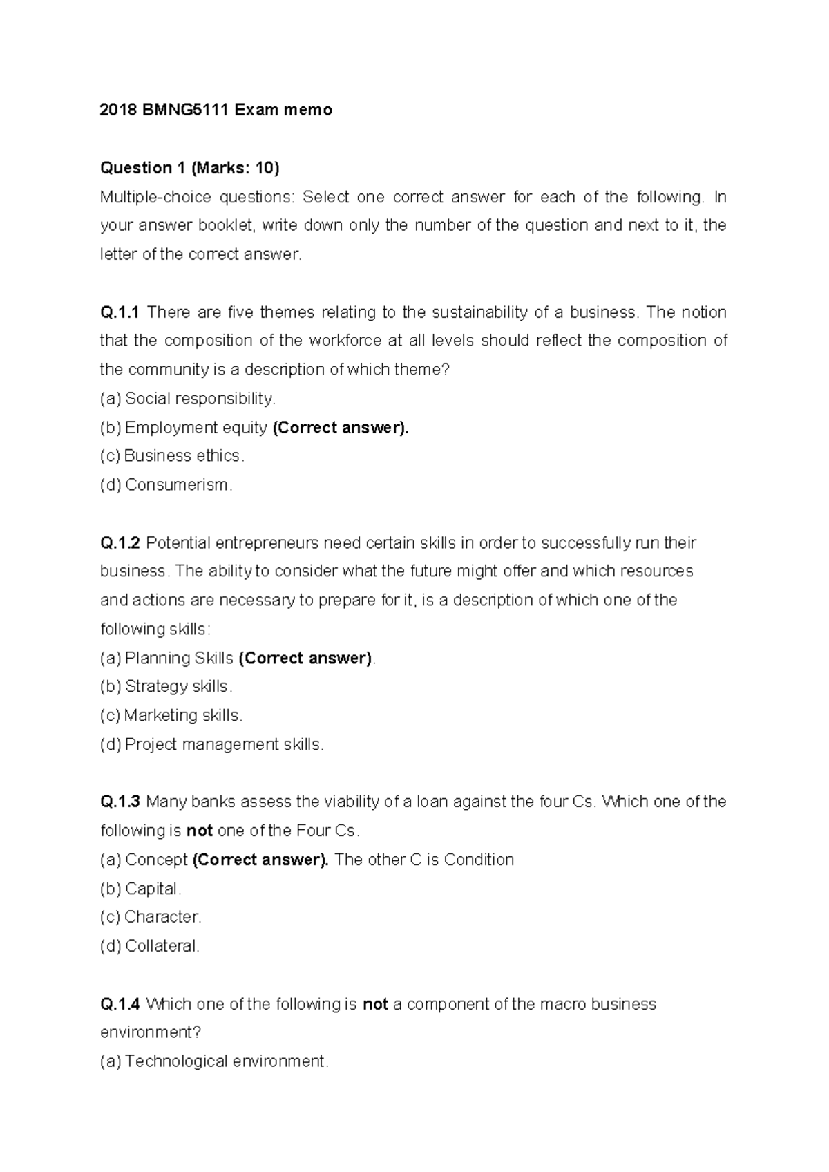 2018 BMNG5111 exam memo - 2018 BMNG5111 Exam memo Question 1 (Marks: 10 ...