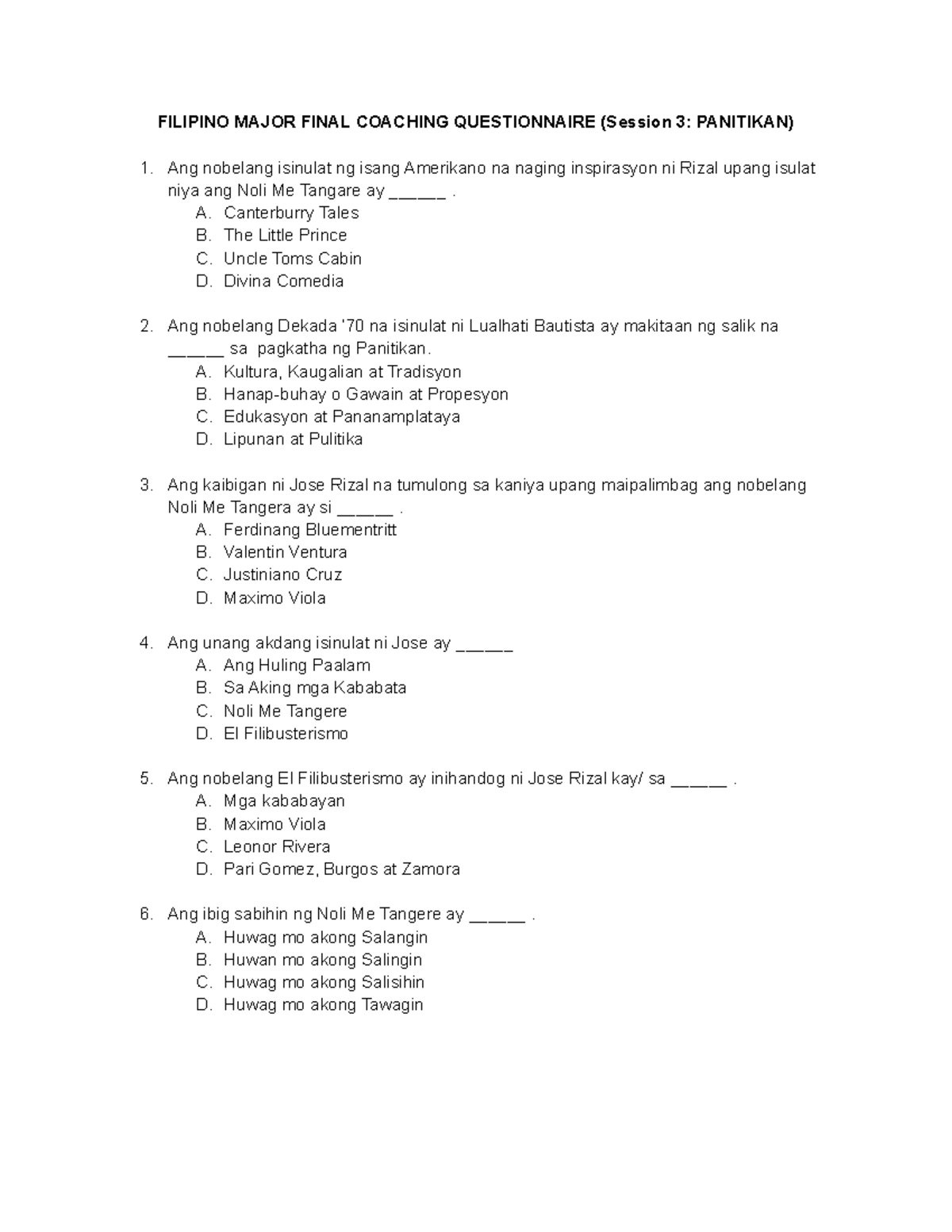 Filipino Major Coaching Set 3 (Questionnaire) - FILIPINO MAJOR FINAL ...