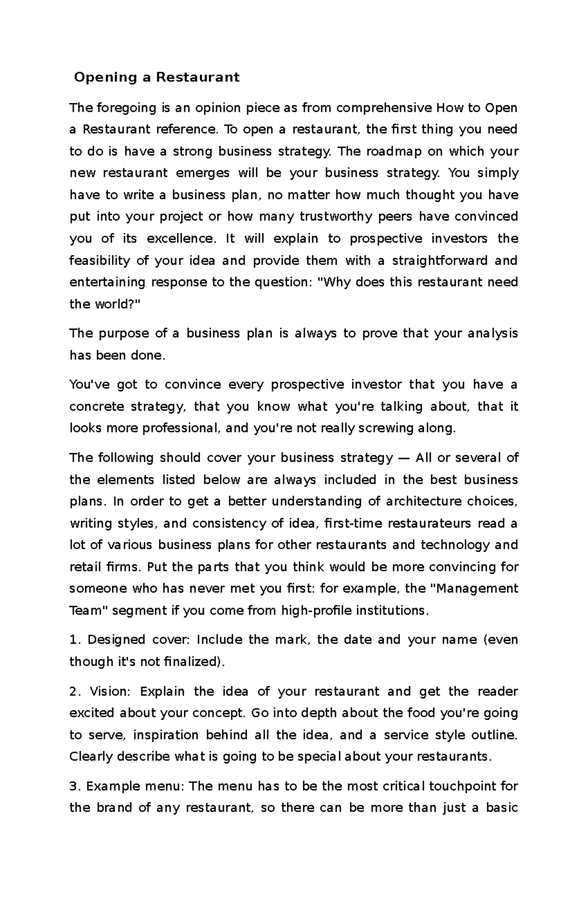 Opening a Restaurant - Summary - Opening a Restaurant The foregoing is ...