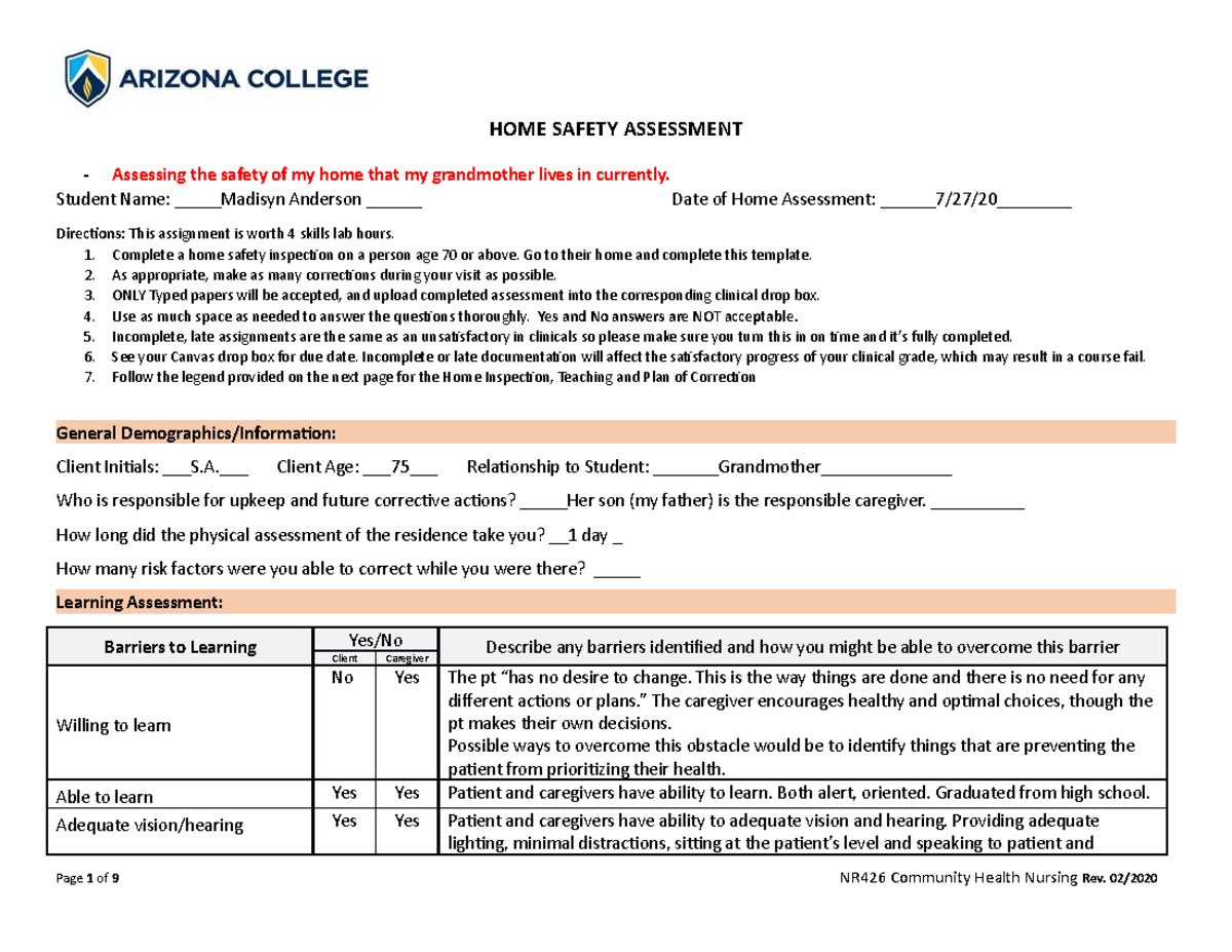 Home Safety Assessment - Assessing the safety of my home that my ...