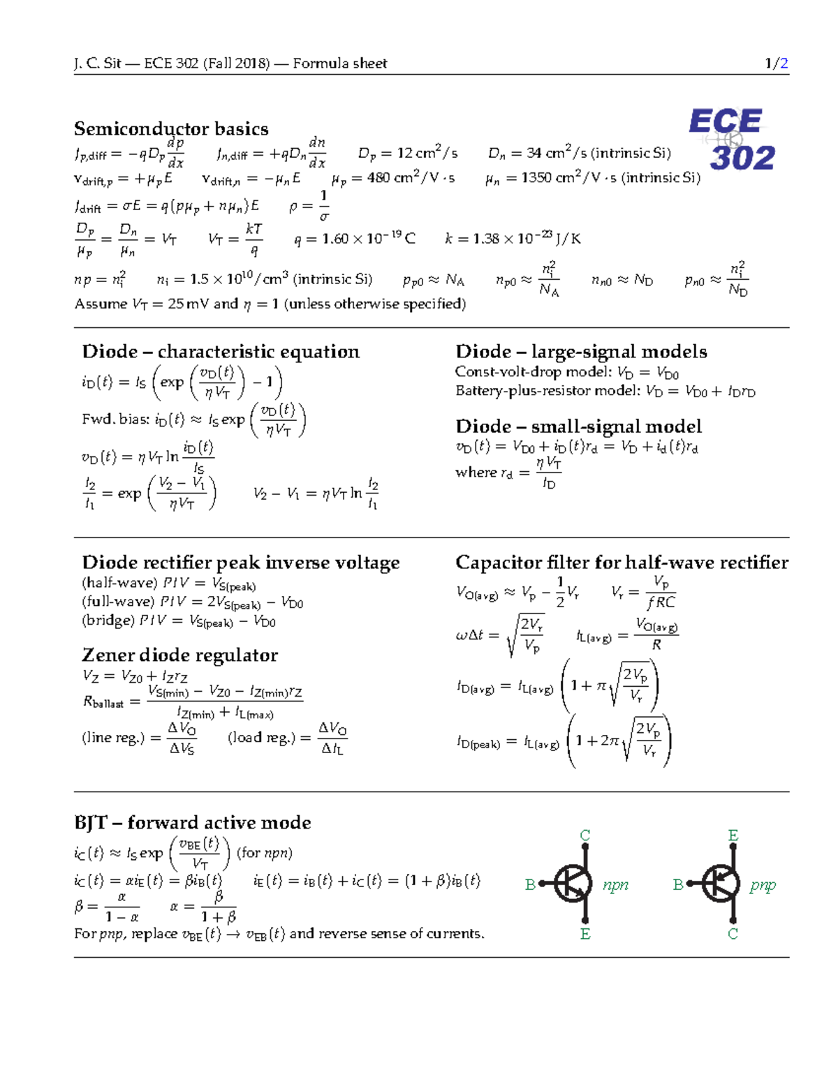ECE 302 formula sheet v02 - J. C. Sit — ECE 302 (Fall 2018) — Formula ...