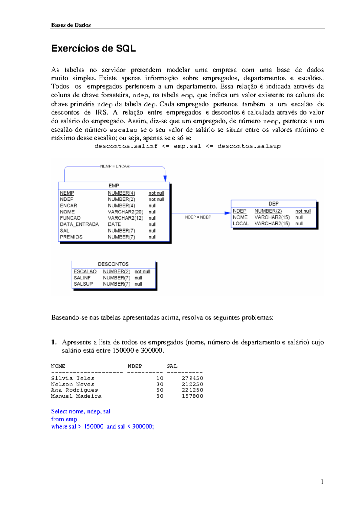 Revisoes 1 - Exercicios de SQL - Bases de Dados Exercícios de SQL As tabelas no servidor ...