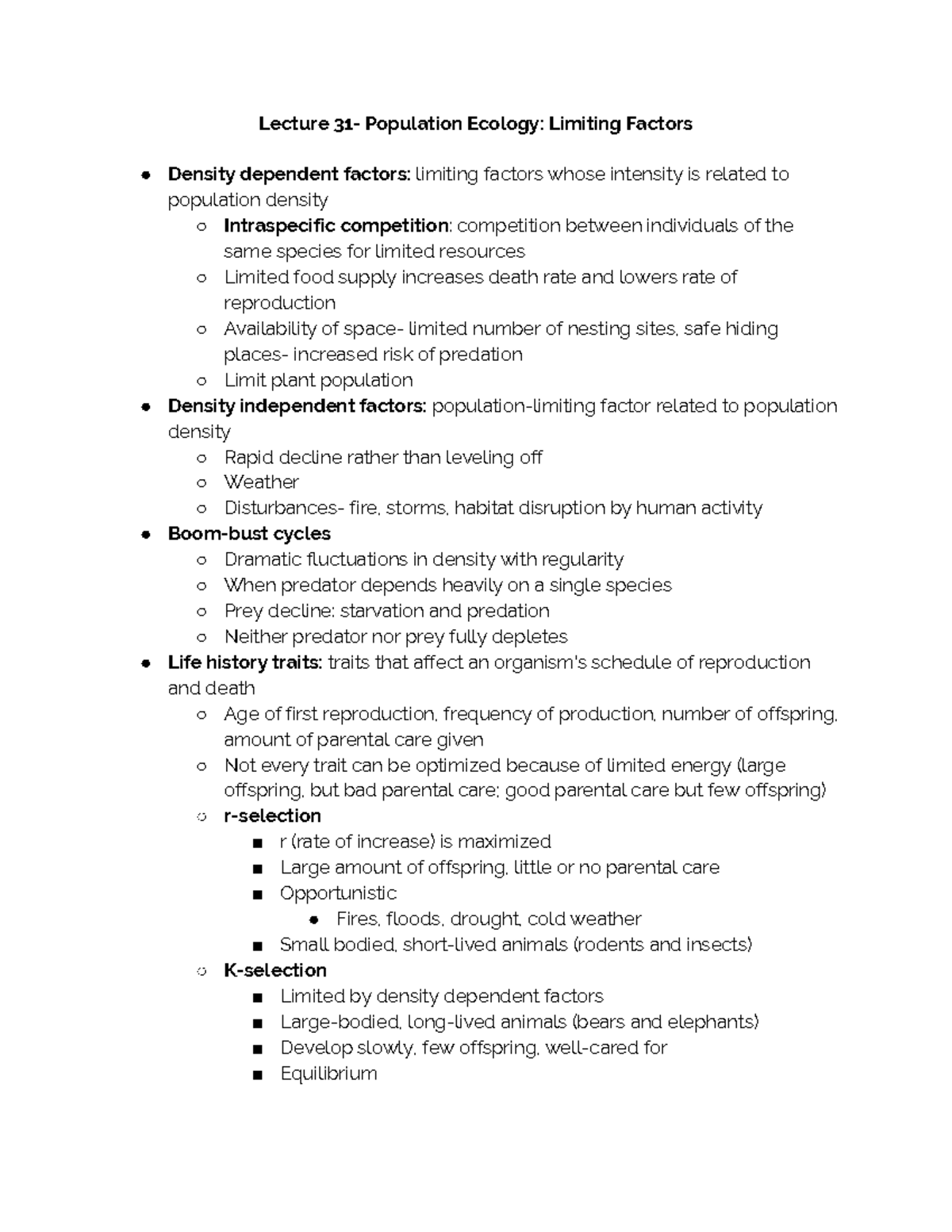 Lecture 31- Population Ecology Limiting Factors - Studocu