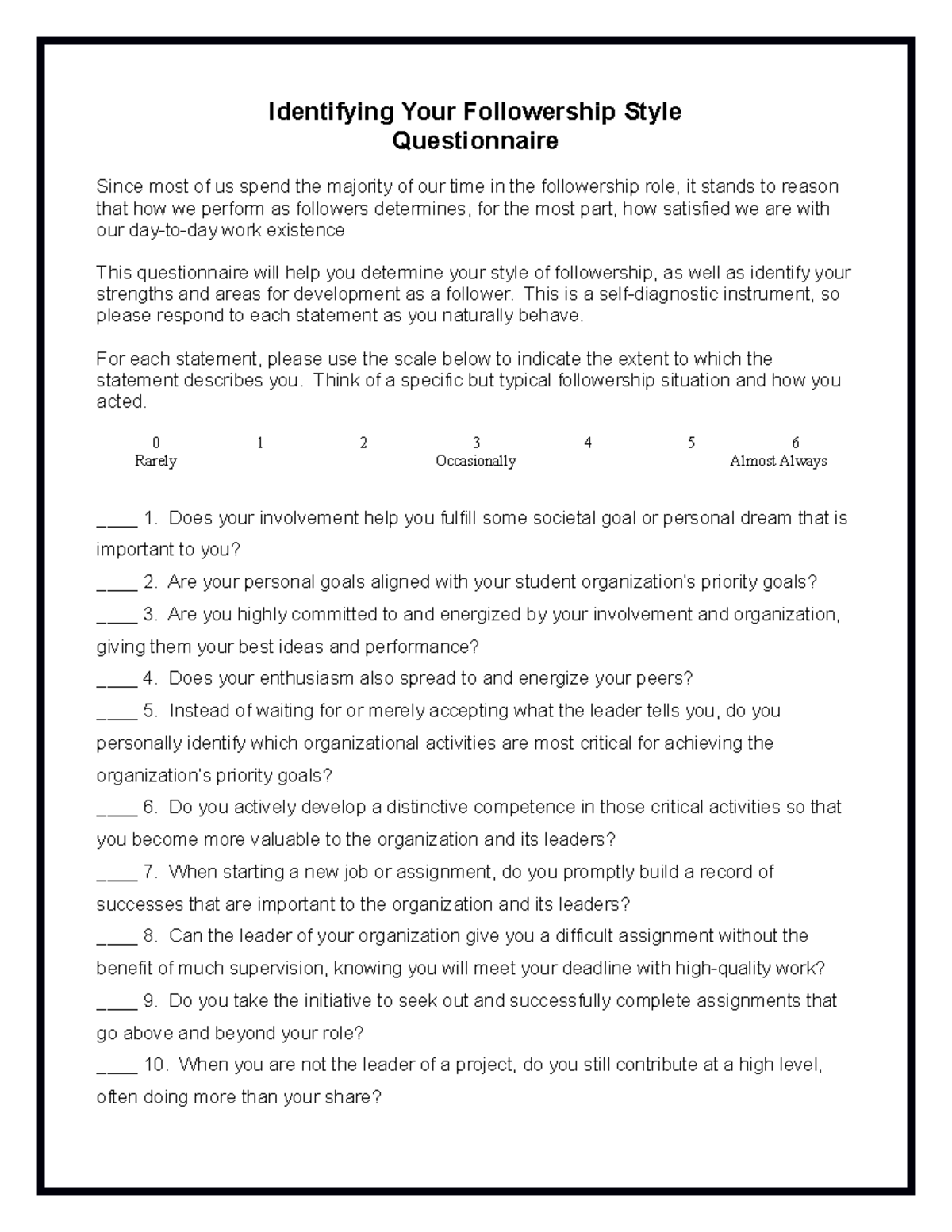 Followership questionnaire (fillable) - Identifying Your Followership ...