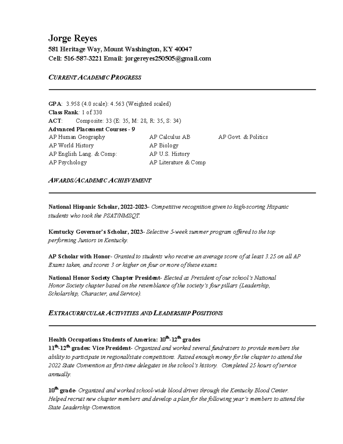 Jorge Reyes- Official Resume - Jorge Reyes 581 Heritage Way, Mount ...