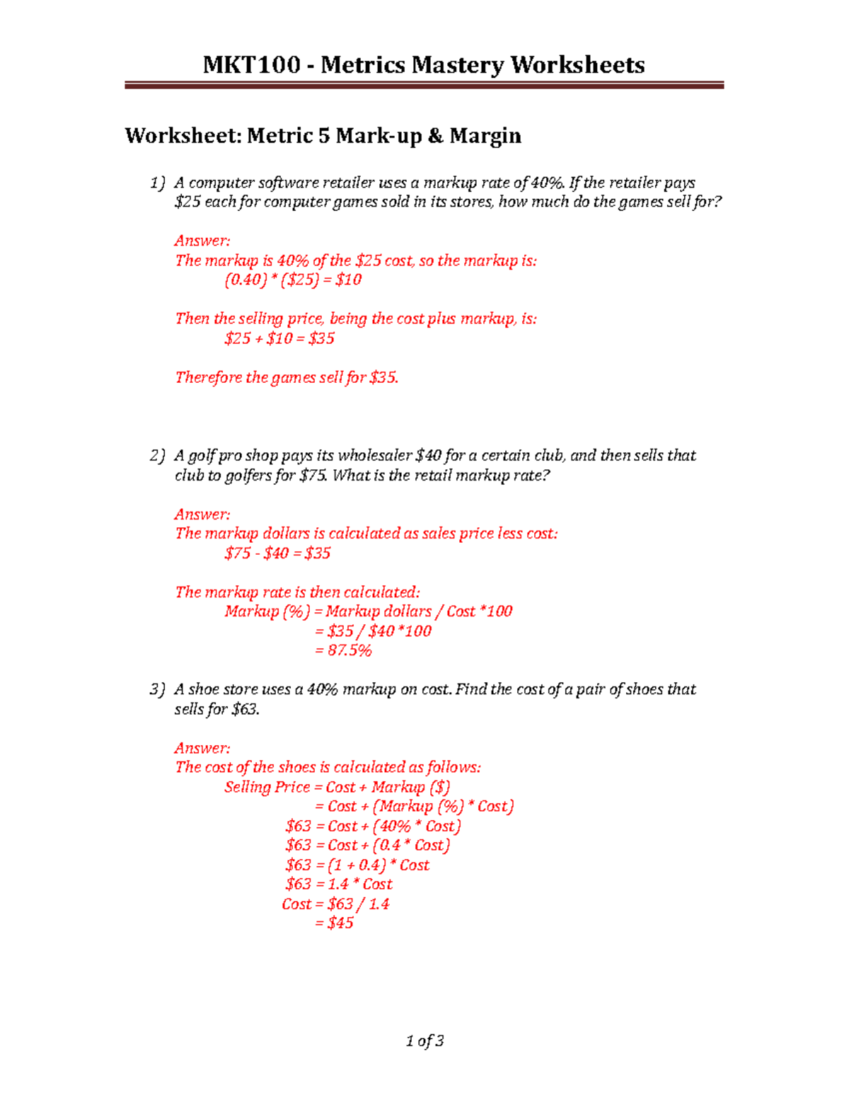 Mark Up Margin- Answers - MKT100 - Metrics Mastery Worksheets Worksheet ...