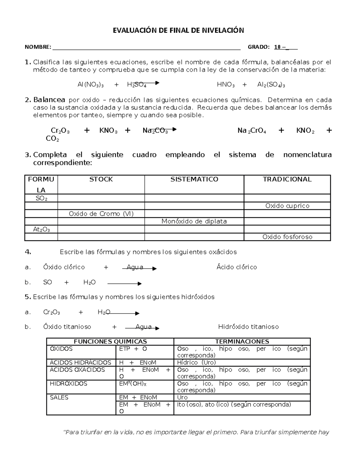 Evaluación Final DE Nivelación Quimica - EVALUACIÓN DE FINAL DE ...