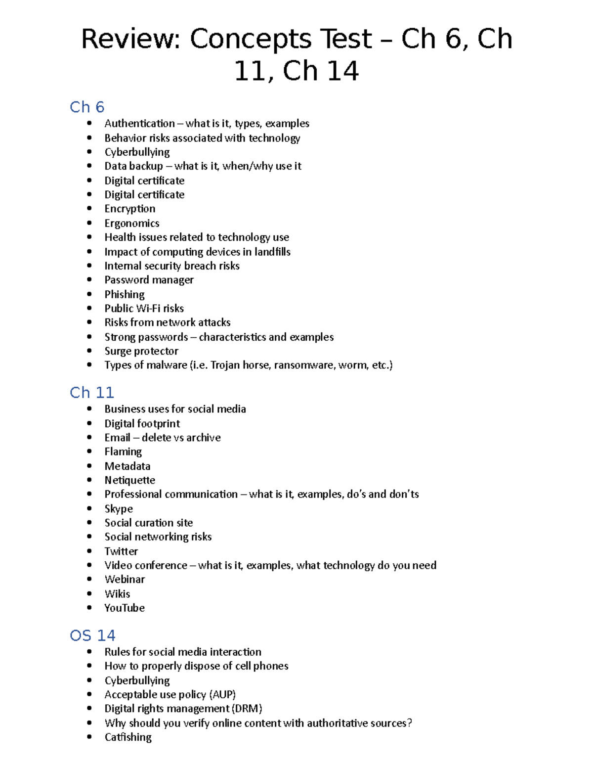 Review Sheet - Final - Ch 6, 11, 14 - Review: Concepts Test – Ch 6, Ch ...