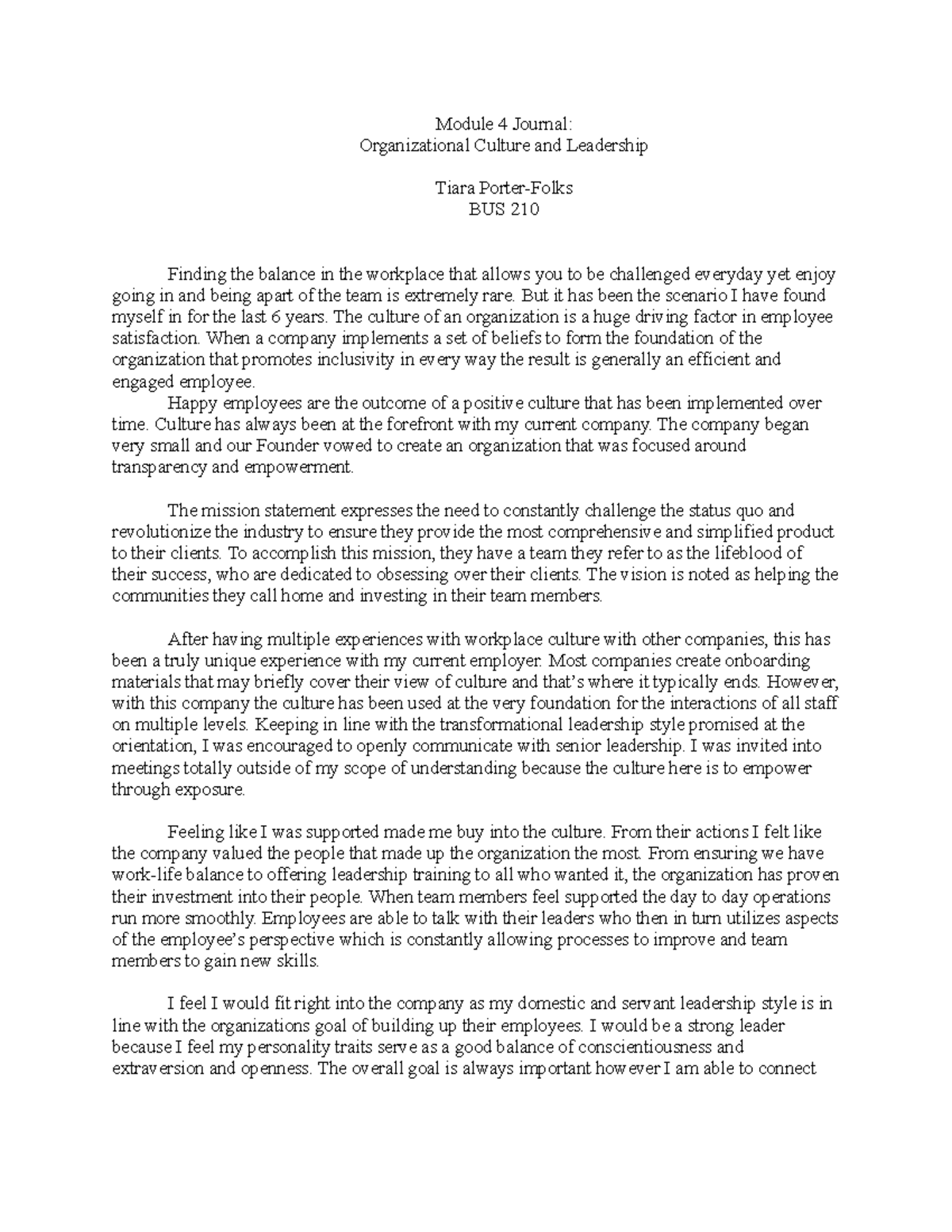 Module 4 Journal - Mod 4 - Module 4 Journal: Organizational Culture and ...