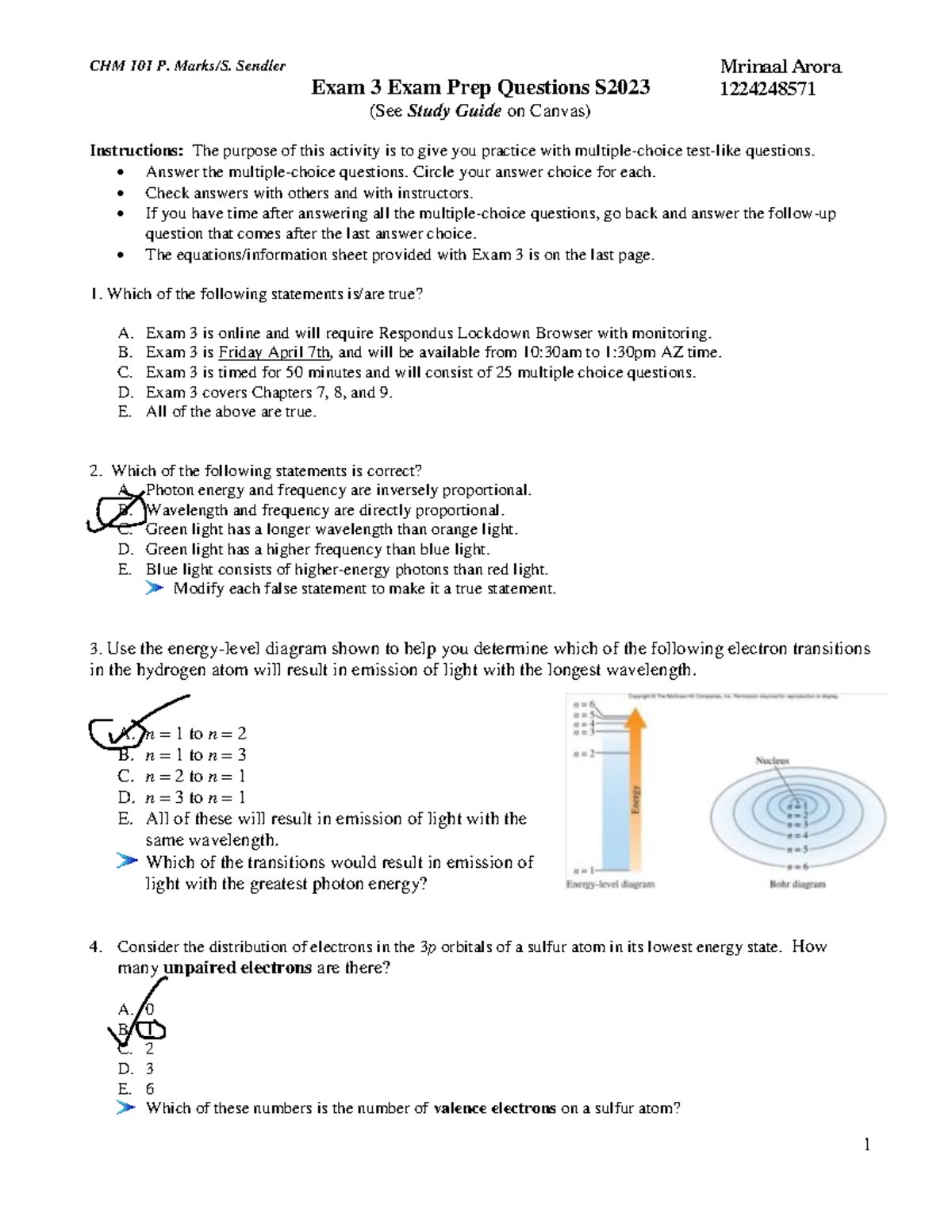 Exam3Review 1224248571 - CHM 101 P. Marks/S. Sendler Exam 3 Exam Prep ...
