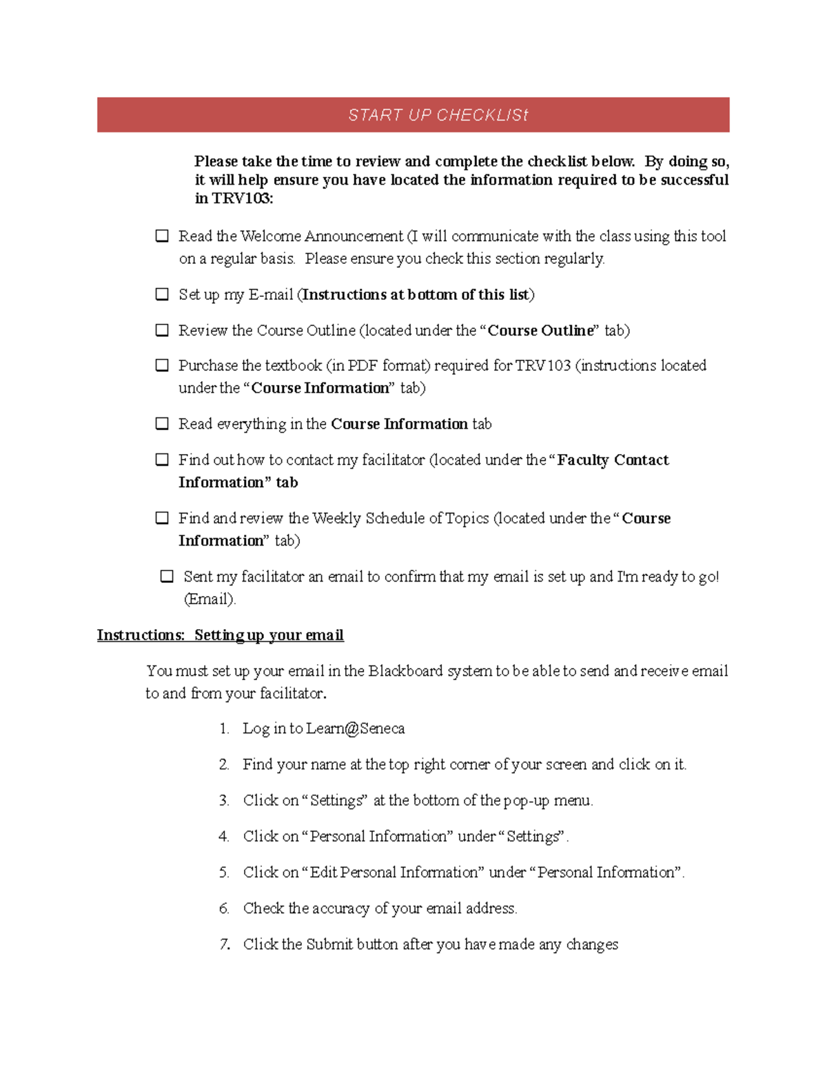 TRV103 checklist Step by Step Draft-3 (26) - START UP CHECKLISt Please ...