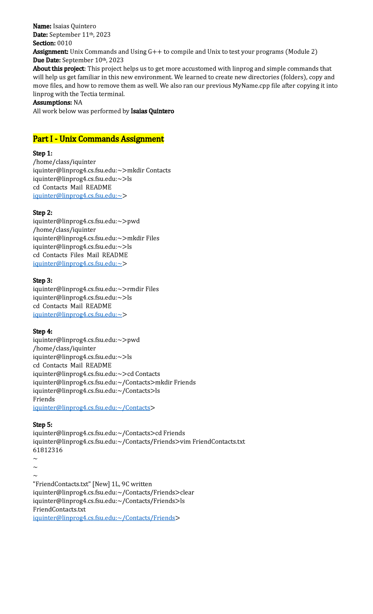 Unix Commands - Homework 1 - Name: Isaias Quintero Date: September 11th ...