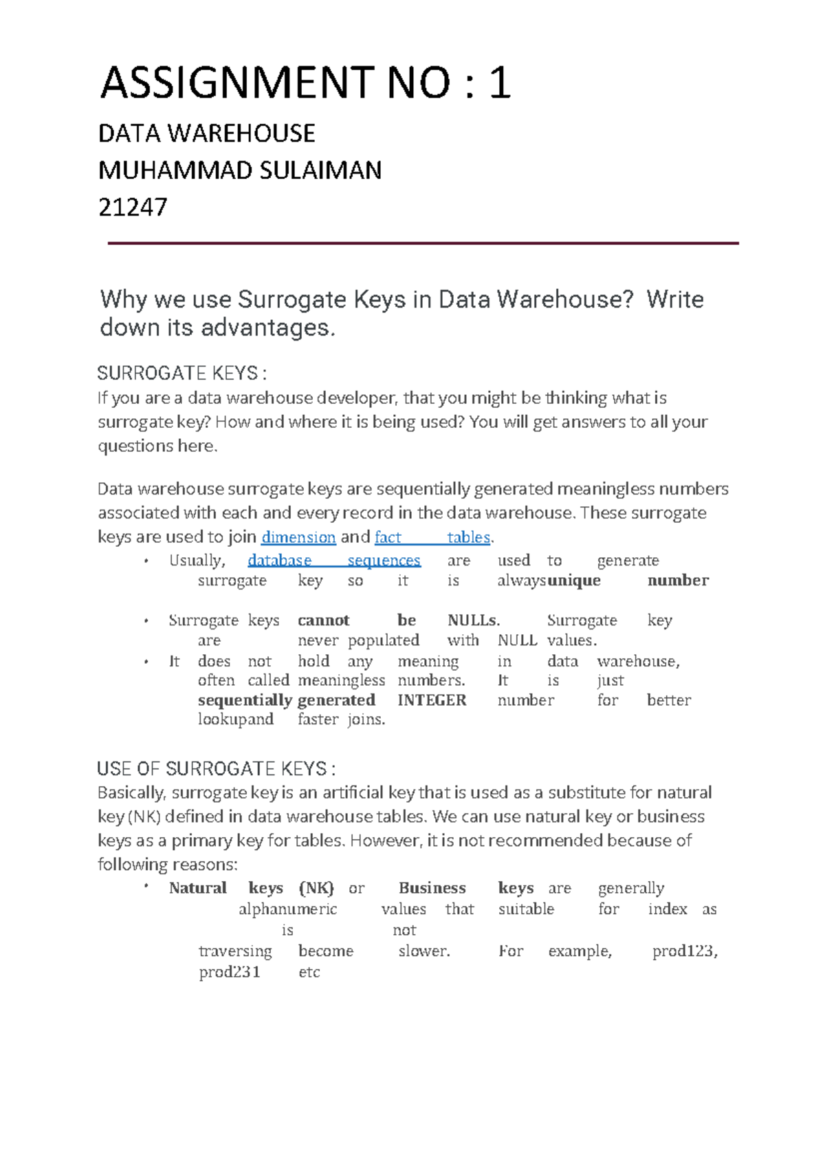 DATA Warehouse Assignment NO 1 - ASSIGNMENT NO : 1 DATA WAREHOUSE ...