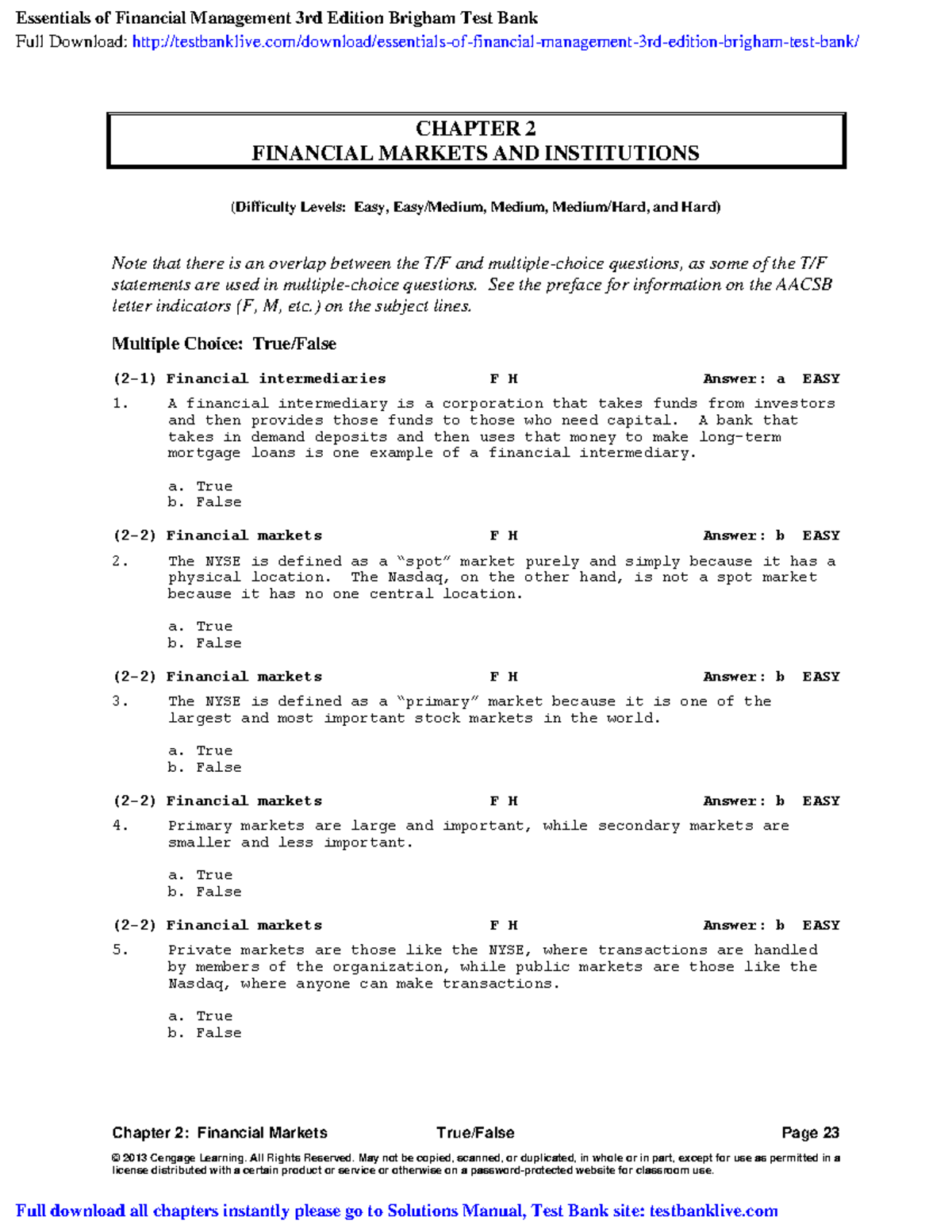 Chapter 2 Test Bank - Chapter 2: Financial Markets True/False Page 23 ...