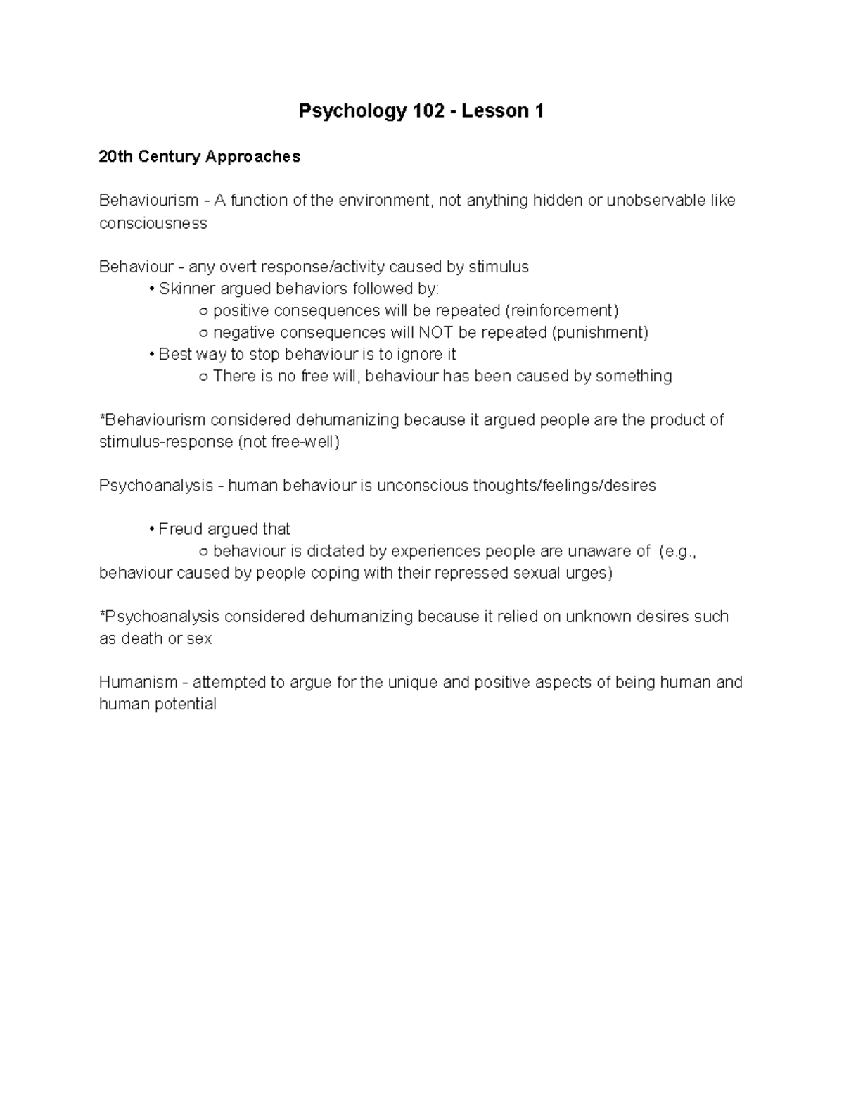 Psychology 102 - Lesson 1 - Psychology 102 - Lesson 1 20th Century Approaches Behaviourism - A ...