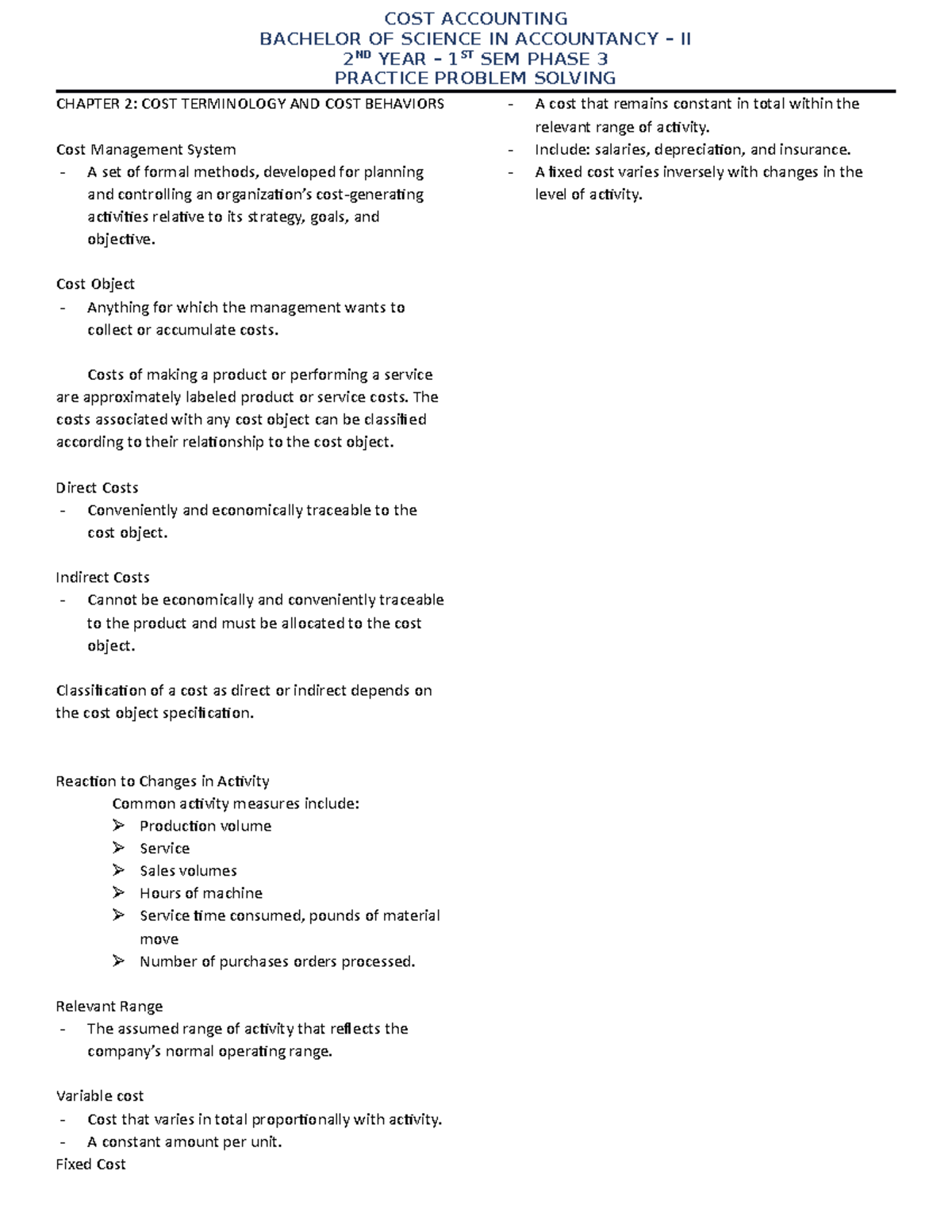 Chapter 2 lecture notes about the cost terminologies - COST ACCOUNTING ...