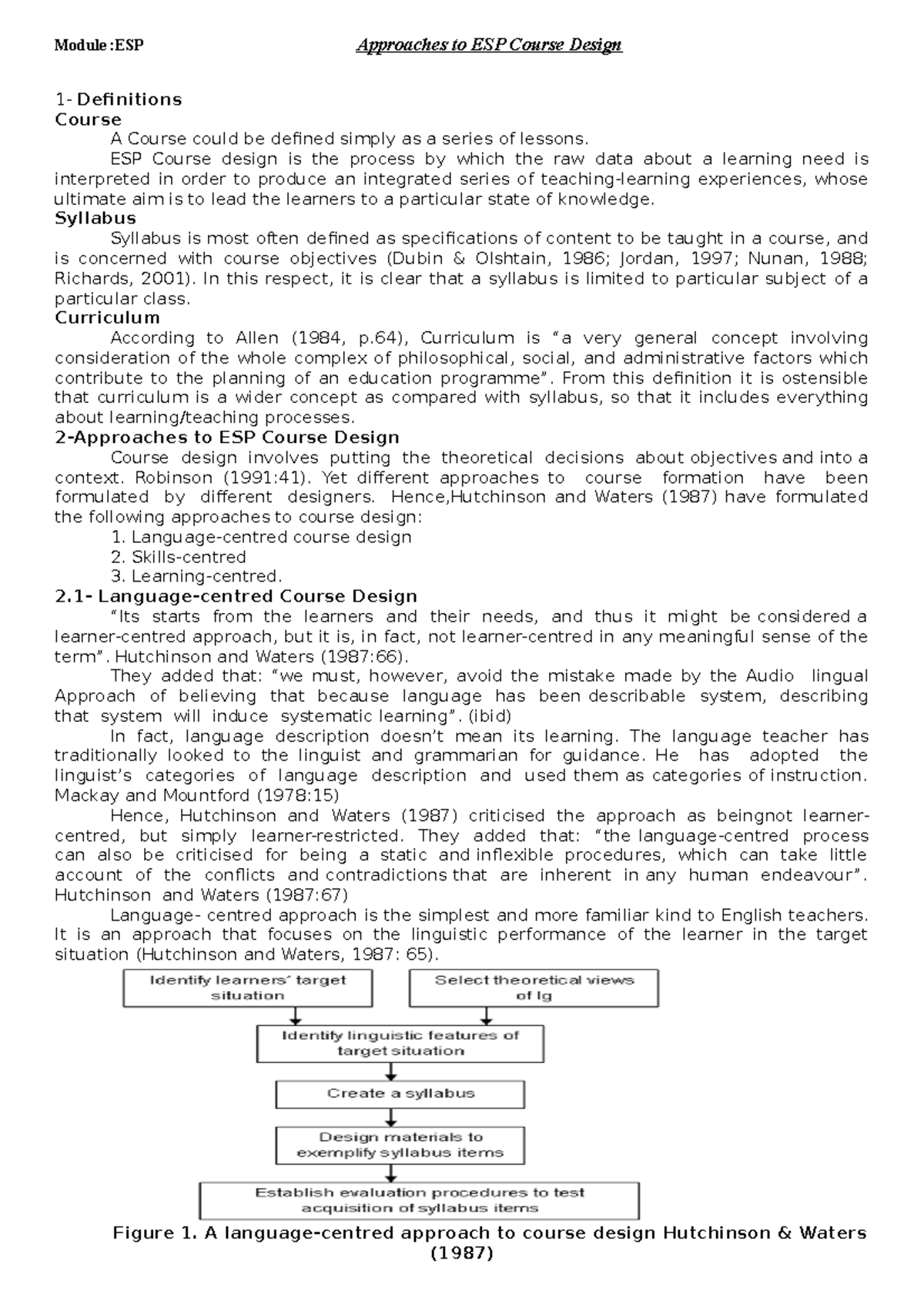 Approaches to ESP Course Design - ESP Course design is the process by which the raw data about a ...