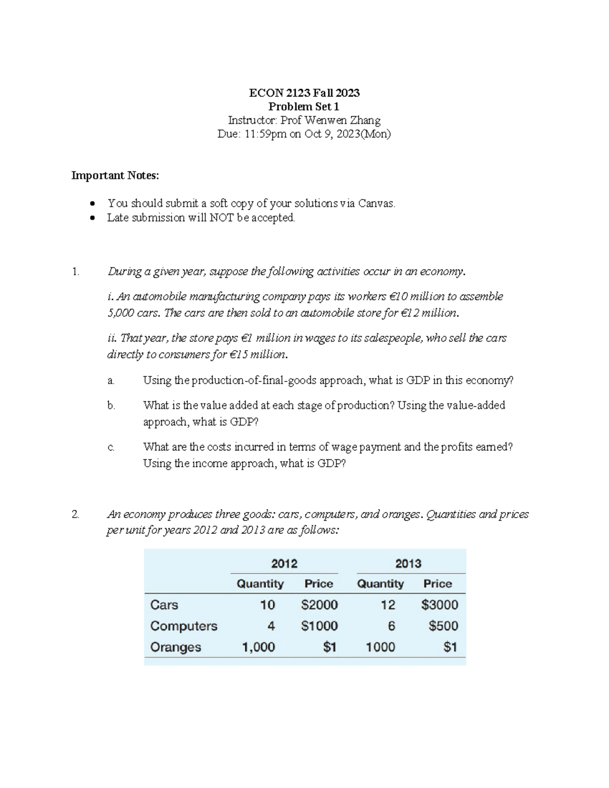 PS1 - Problem set 1 - ECON 2123 Fall 2023 Problem Set 1 Instructor: Prof Wenwen Zhang Due: 11 ...