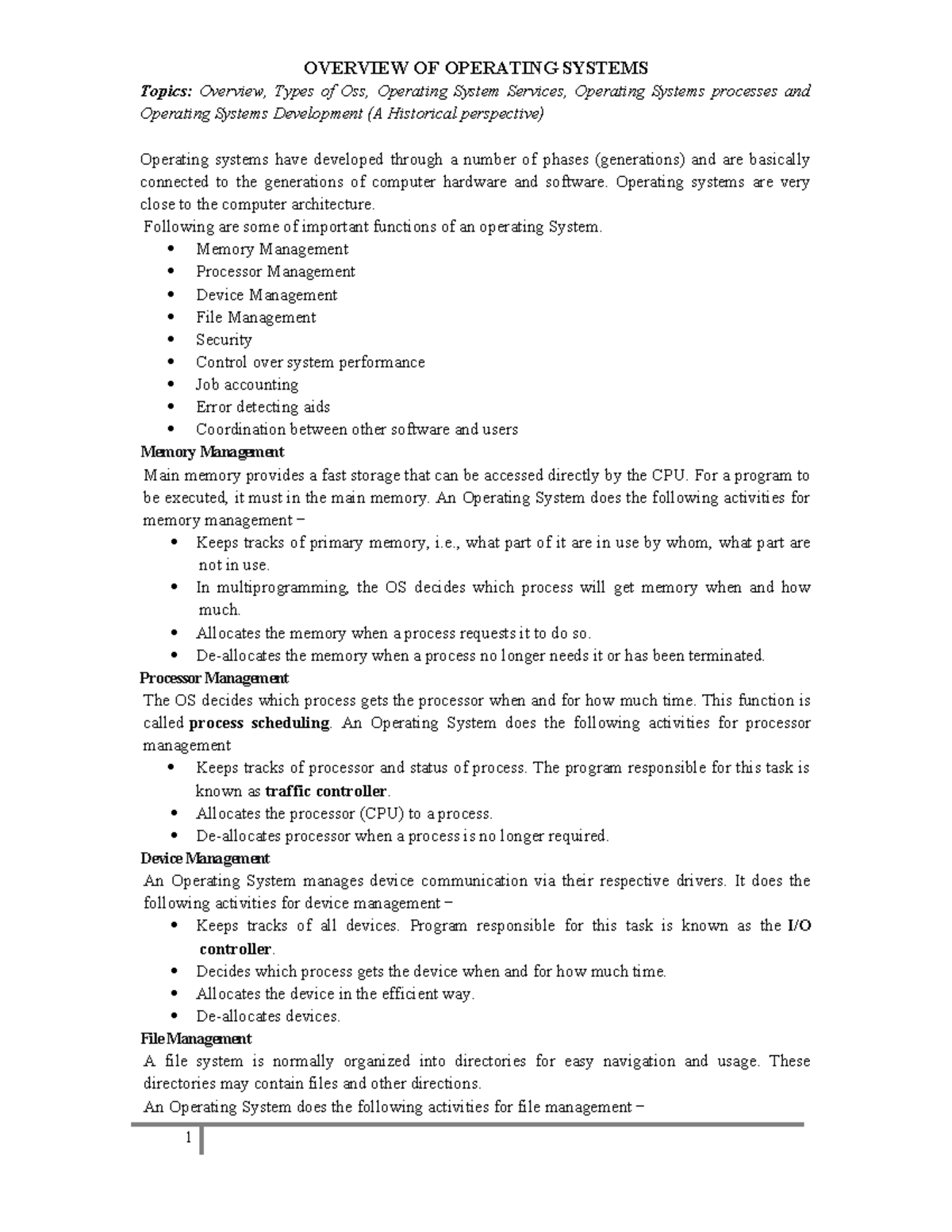 Handout 1 OS overview - OVERVIEW OF OPERATING SYSTEMS Topics: Overview ...