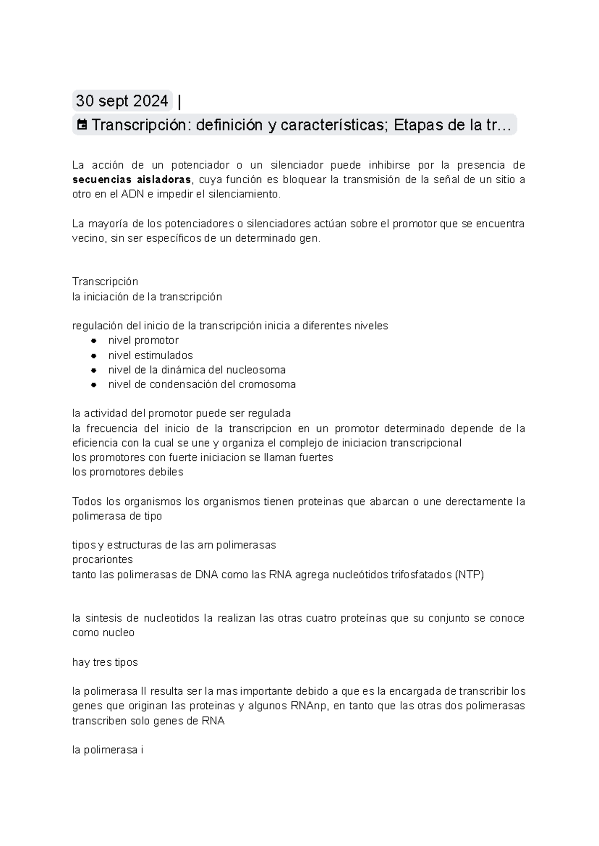 Notas de Transcripción definición y características; Etapas de la ...